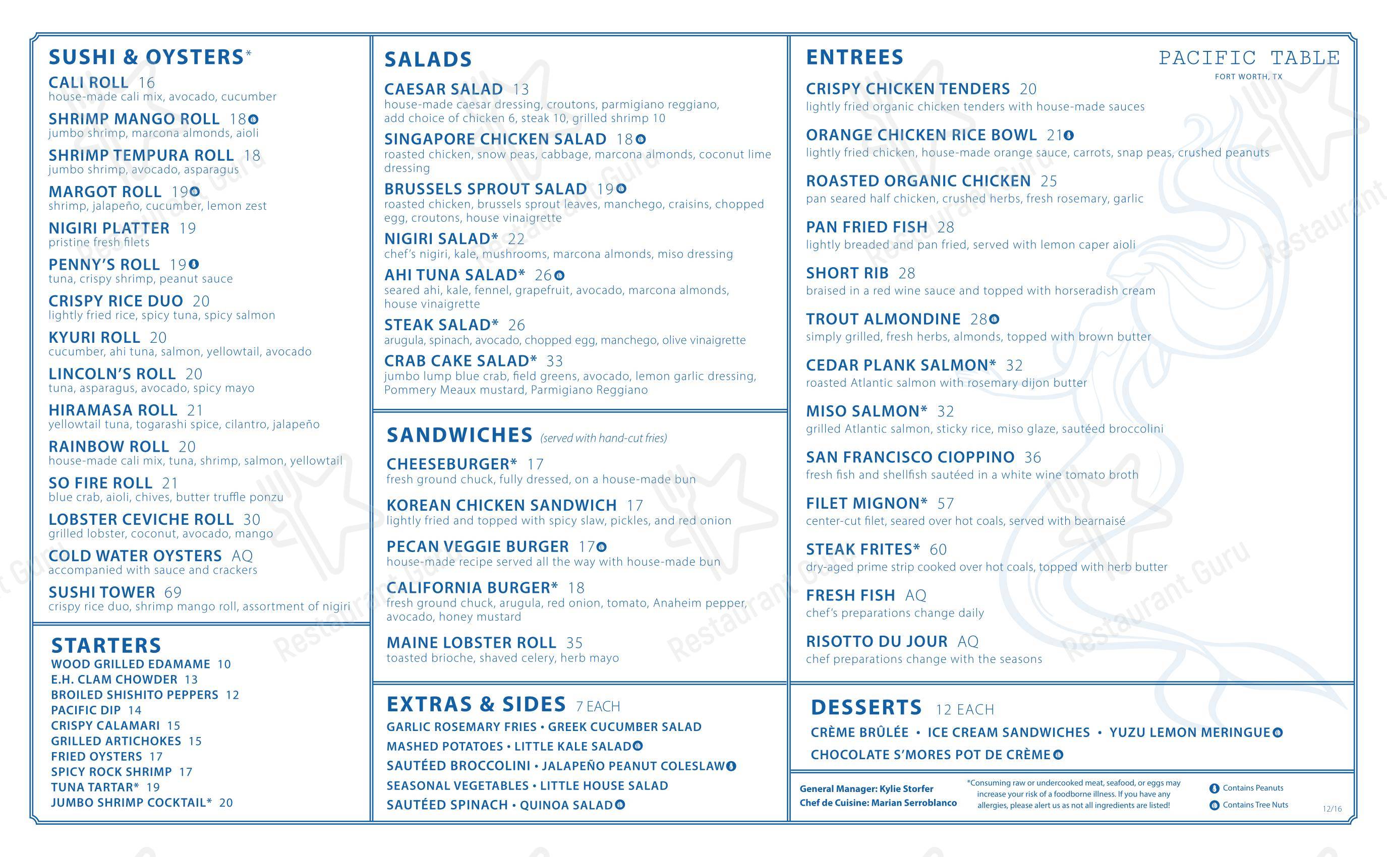 Menu at Pacific Table restaurant, Fort Worth