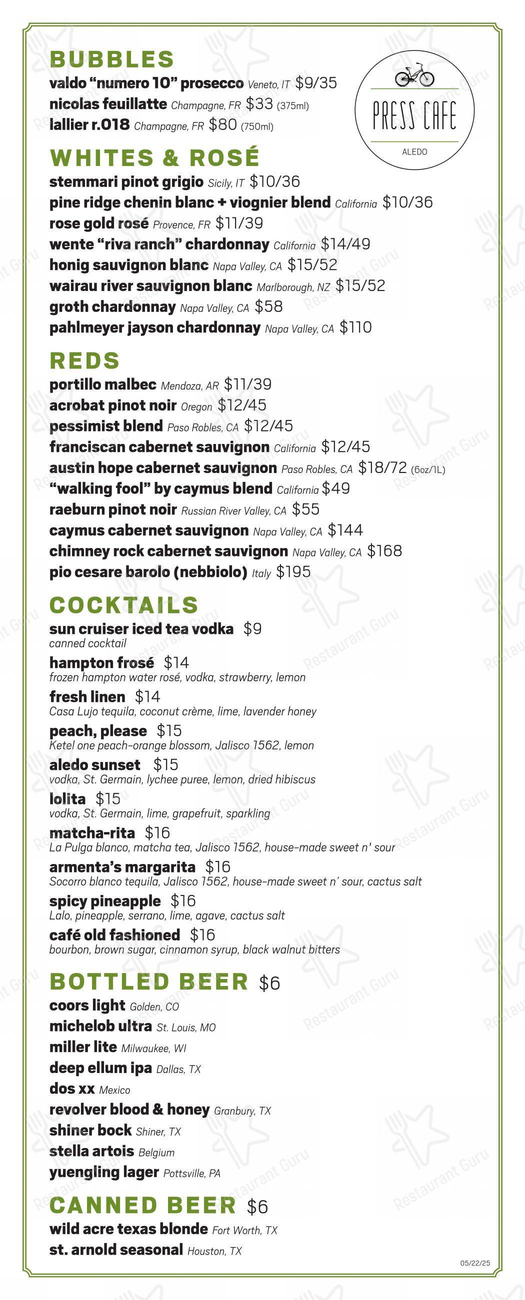 Menu at Press Café cafe, Fort Worth, Edwards Ranch Rd #105