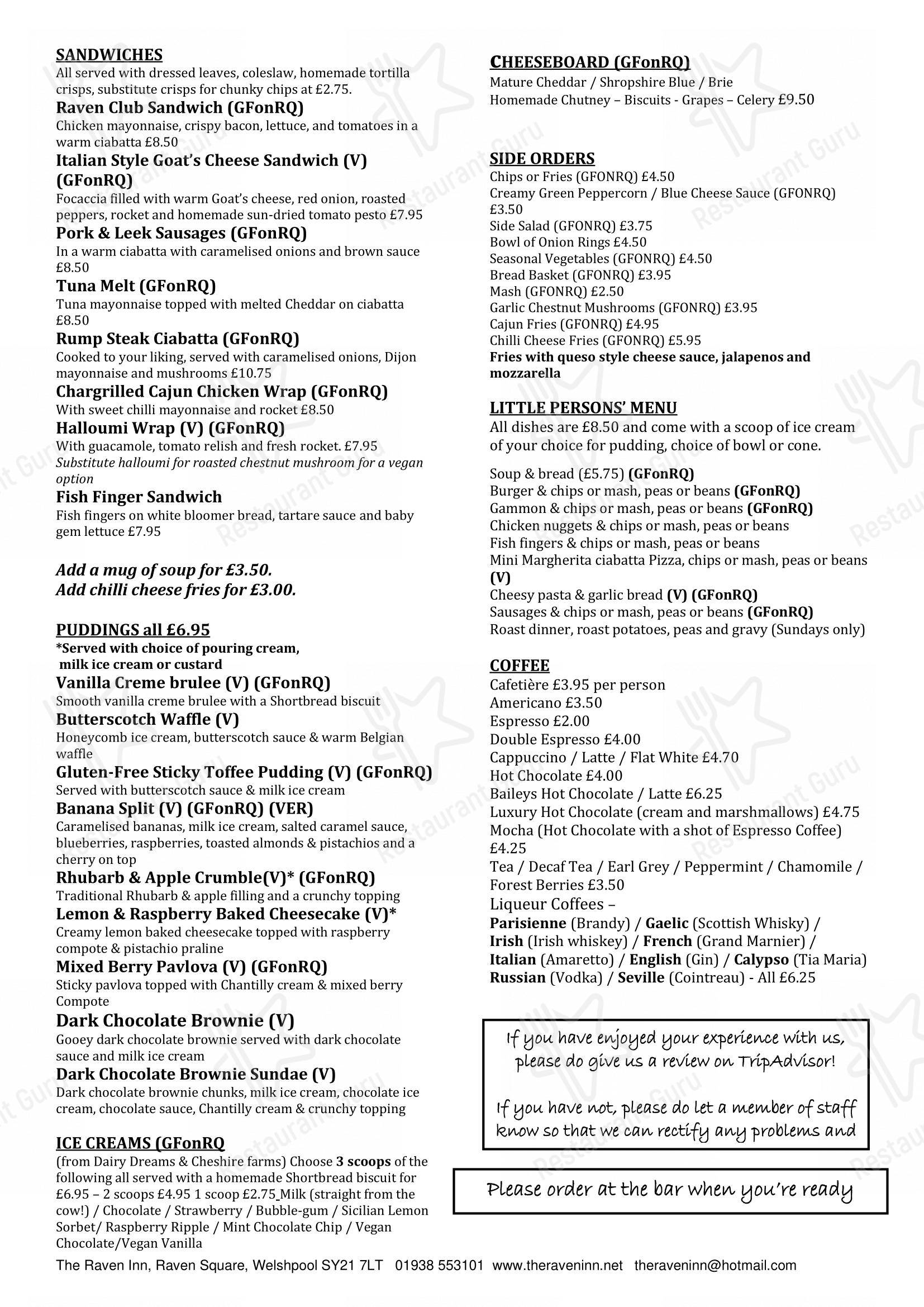 Menu at Raven Inn pub & bar, Welshpool, Raven Square