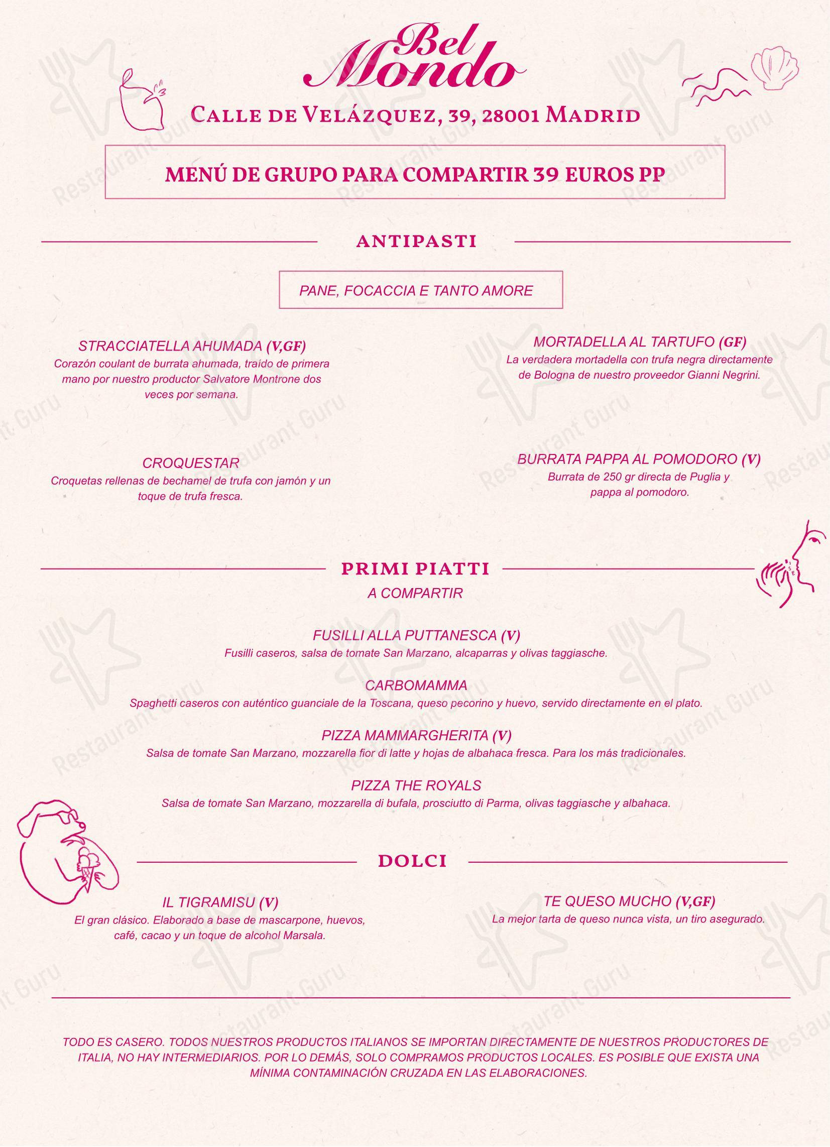 Carta de Restaurante Bel Mondo, Madrid