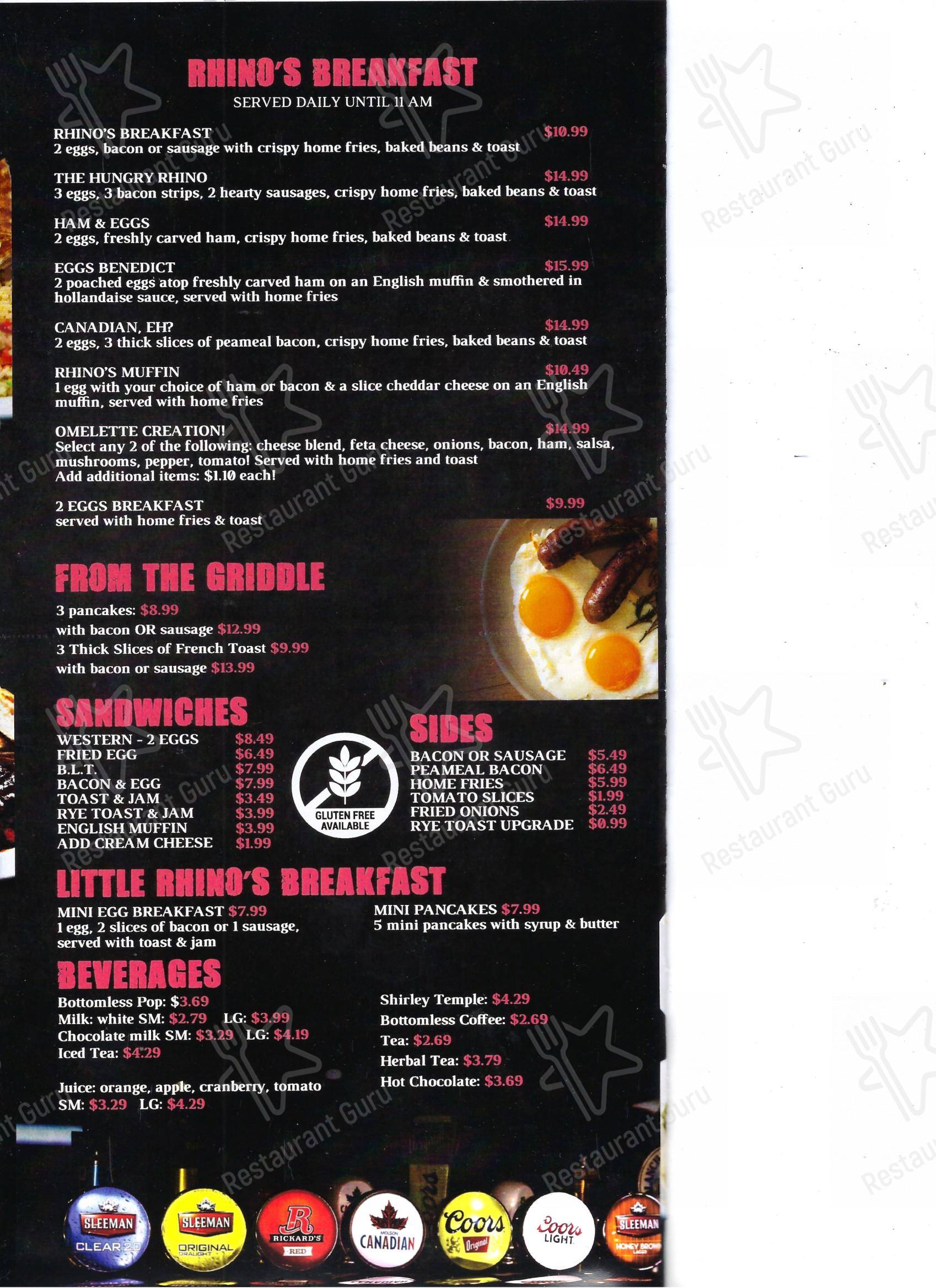 Menu at Rhino's Roadhouse restaurant, Canada