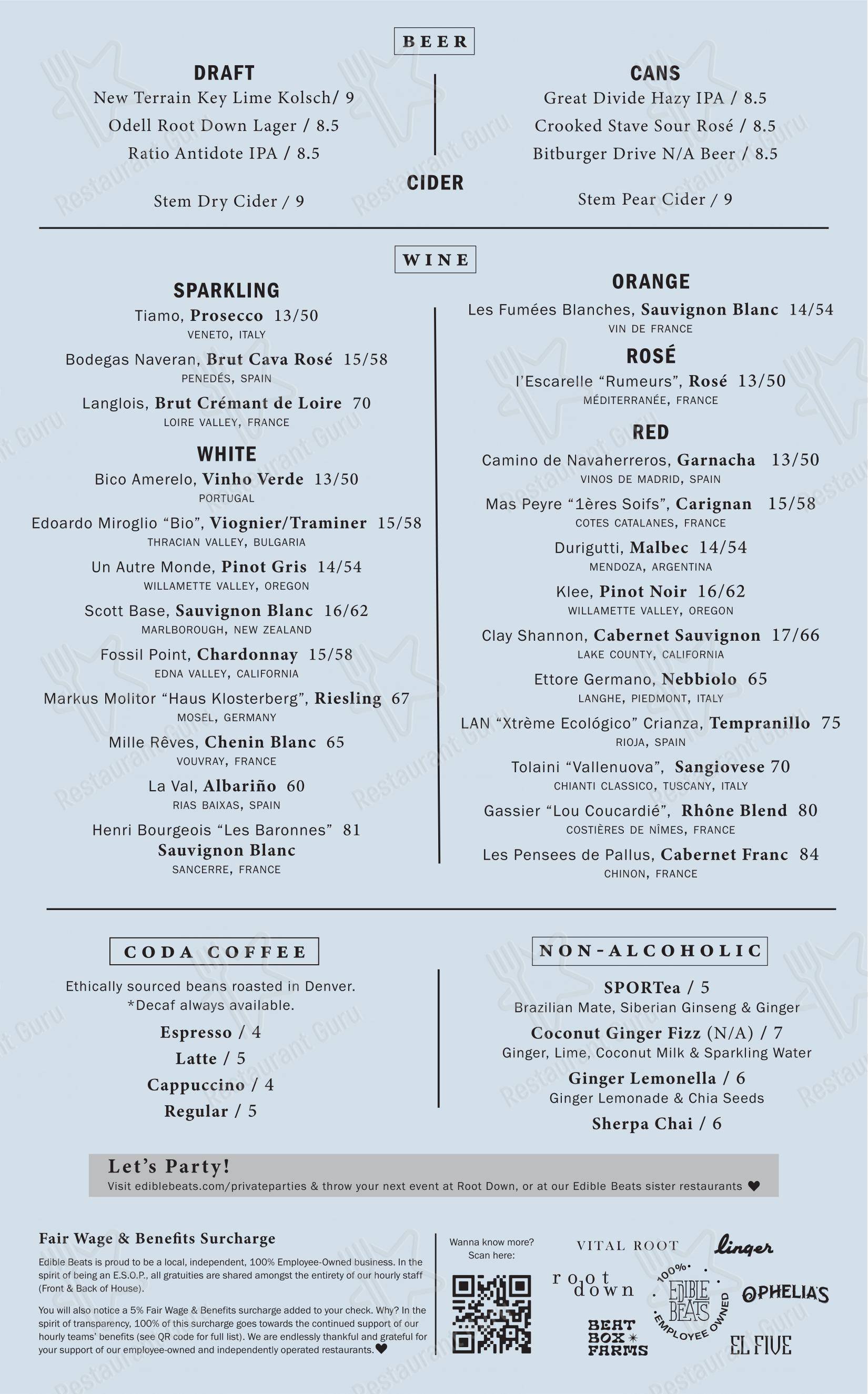 Menu at Root Down restaurant, Denver, W 33rd Ave