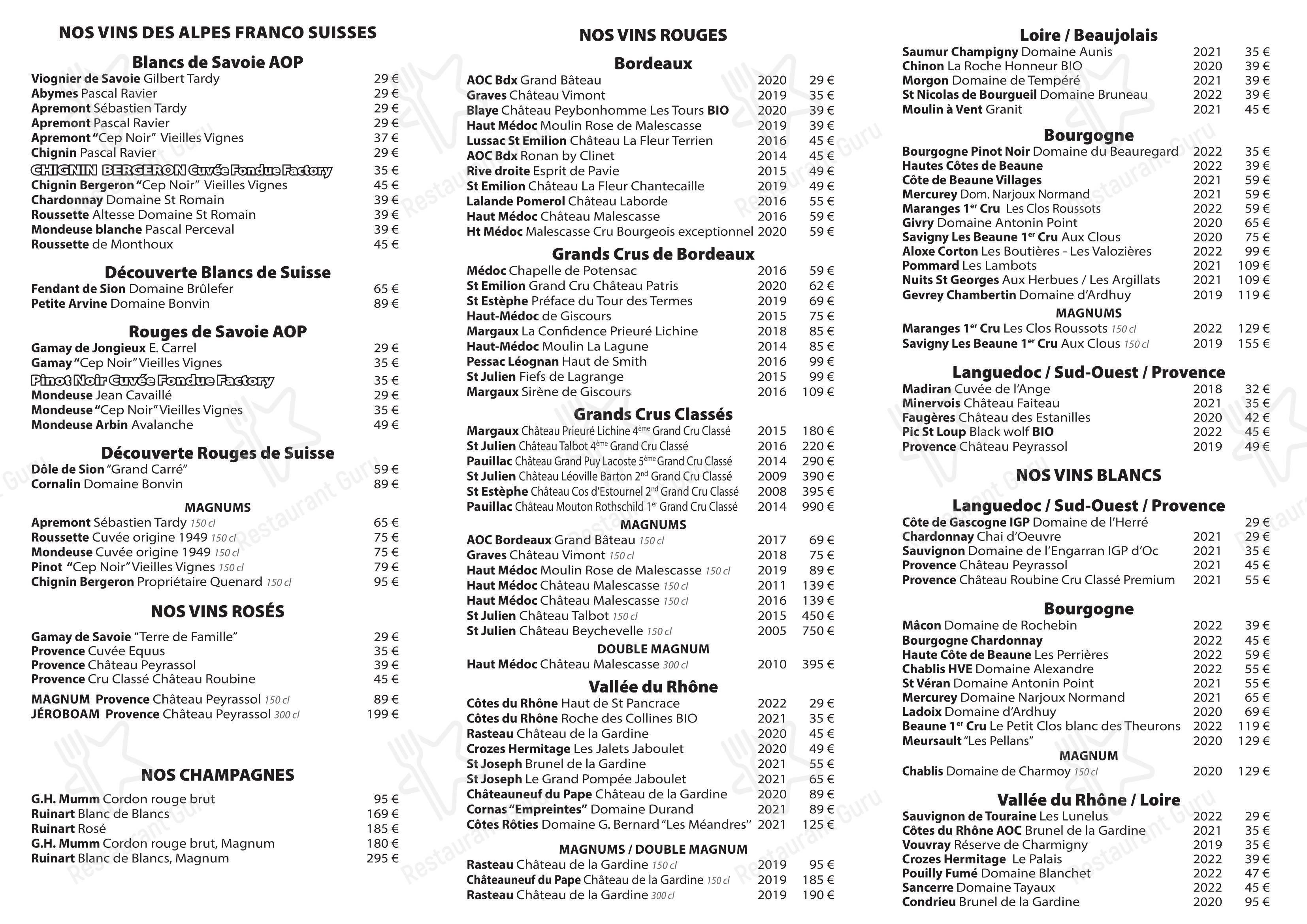 Ski Gallery Fondue Factory Menu