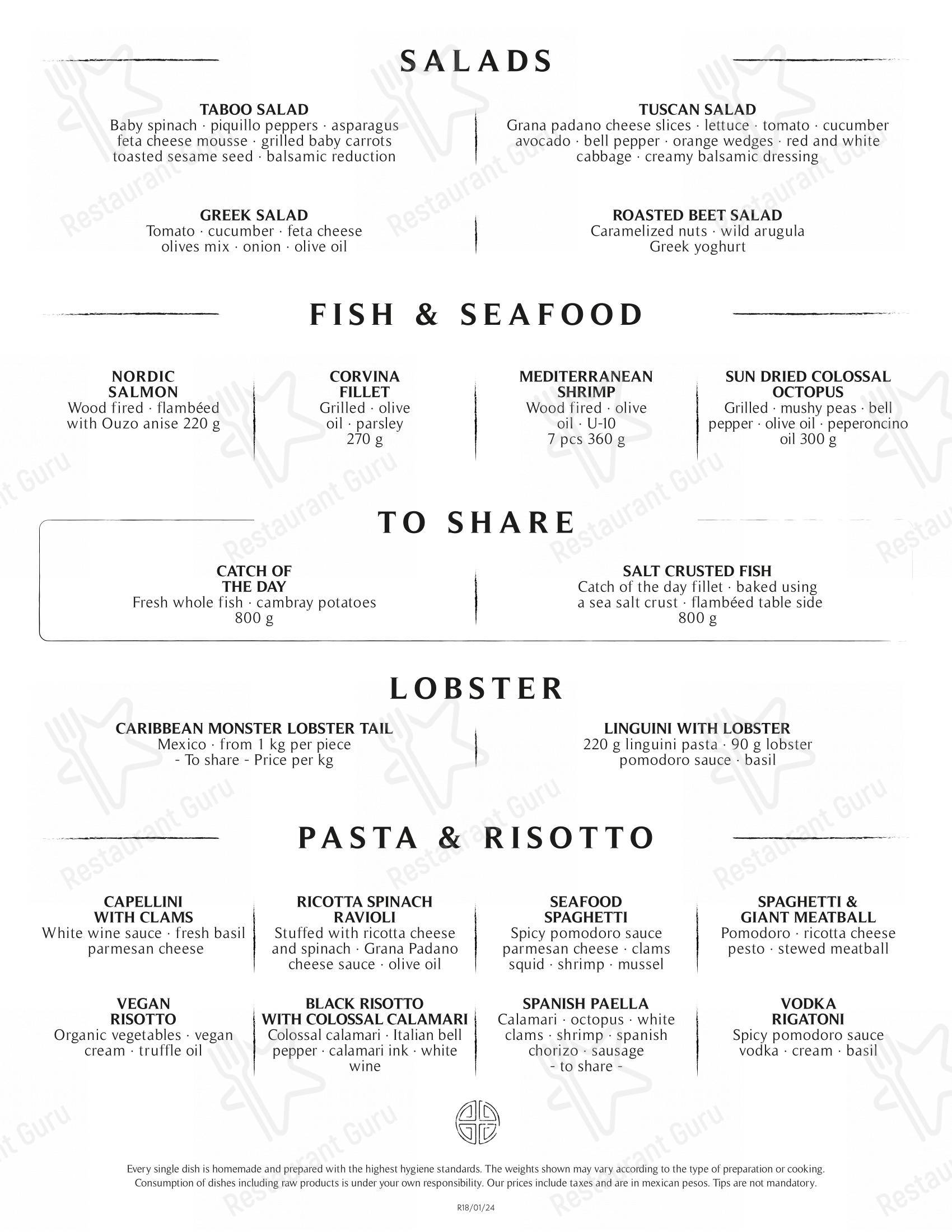 Menu at Taboo Mediterranean Restaurant in Cancun, Cancún, Blvd ...