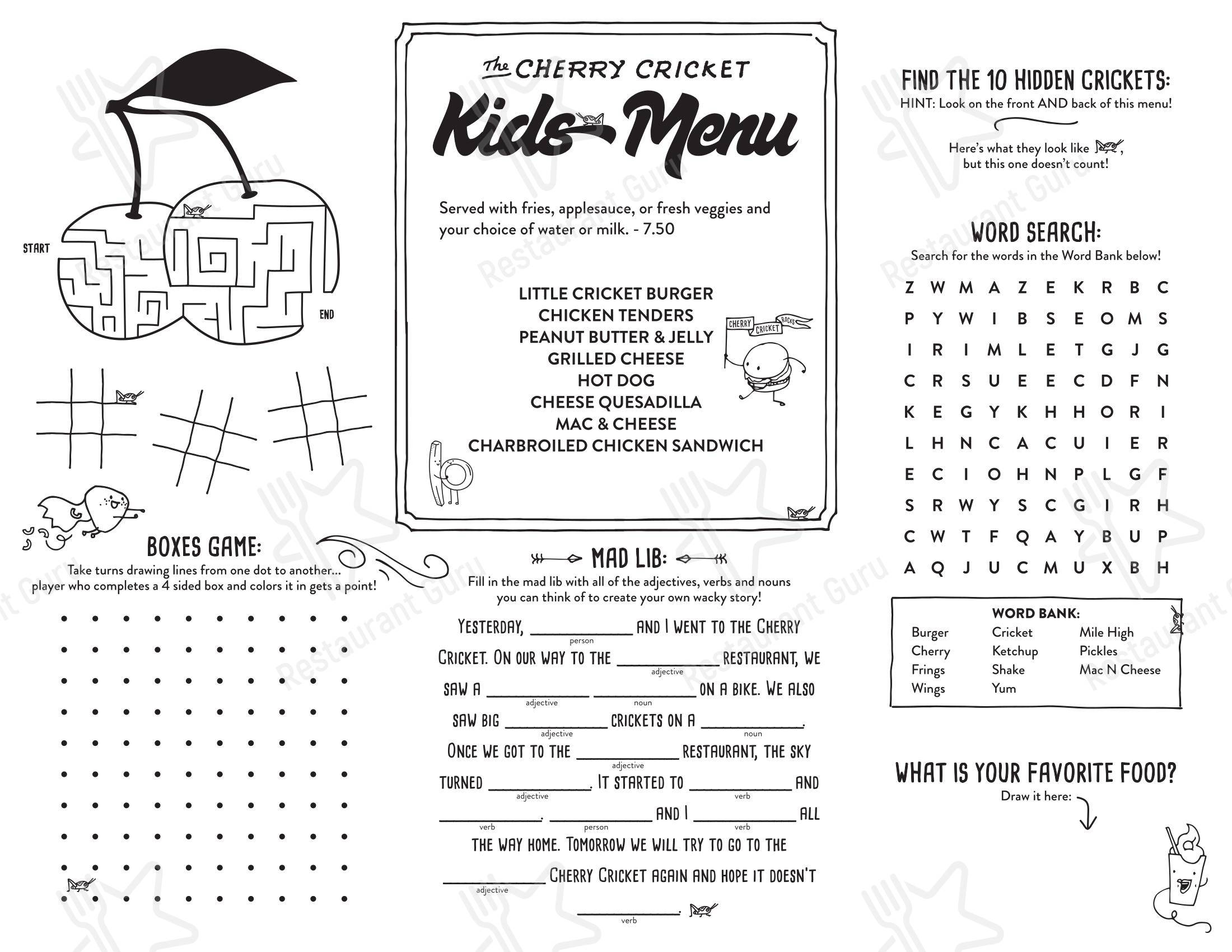 Menu at The Cherry Cricket pub & bar, Denver, E 2nd Ave