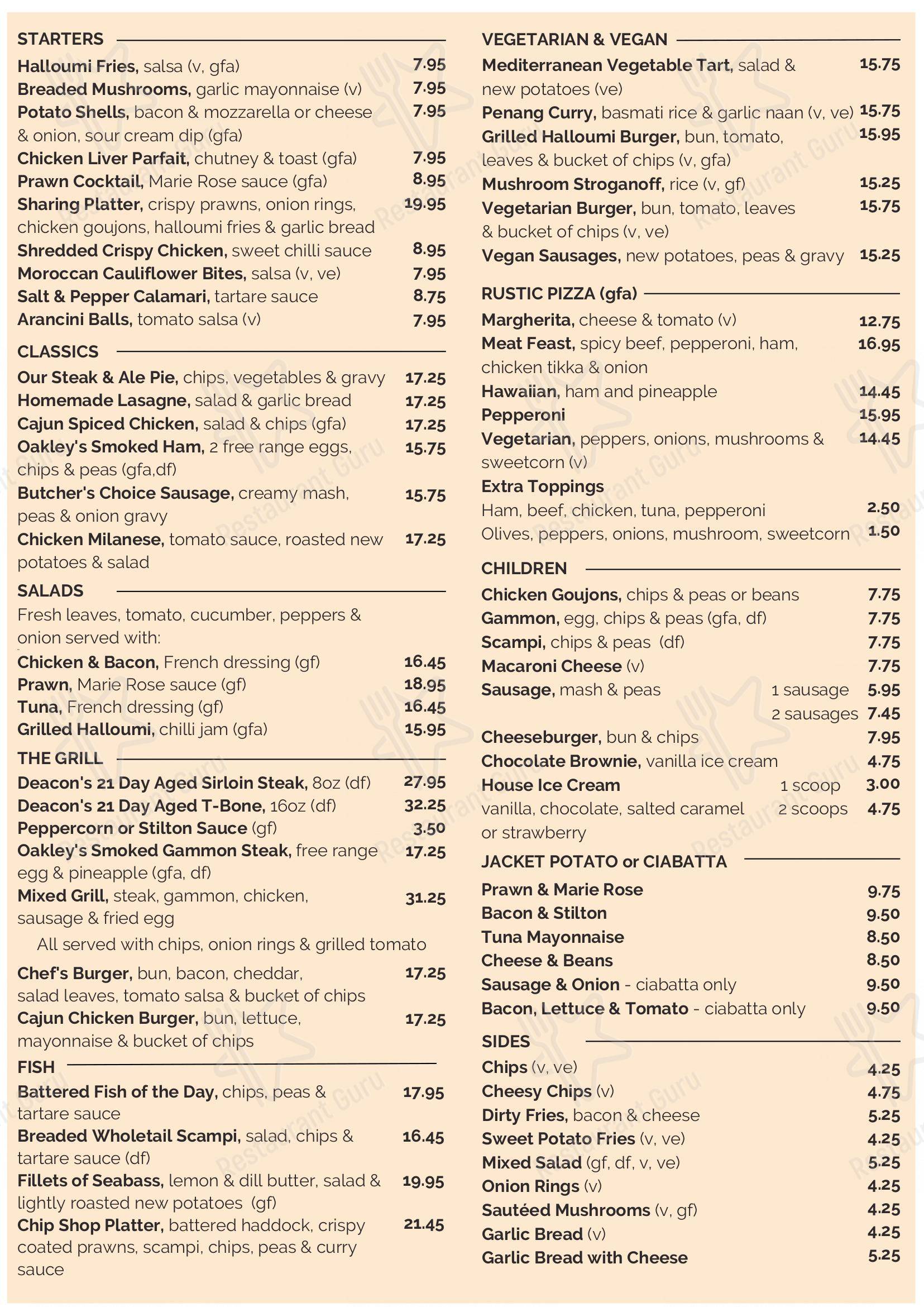 Menu at The Cross Keys restaurant, Pulloxhill