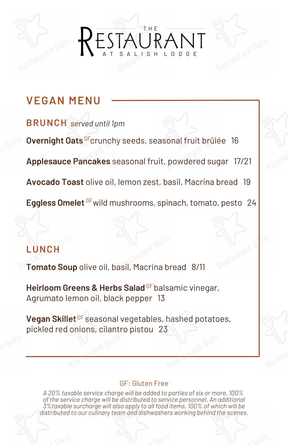Menu at The Restaurant & Terrace Bar at Salish Lodge, Snoqualmie