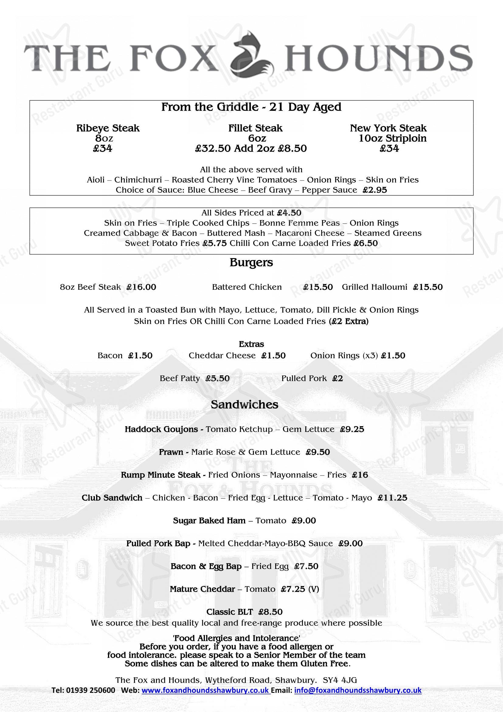 Menu at The Fox and Hounds pub & bar, Shawbury