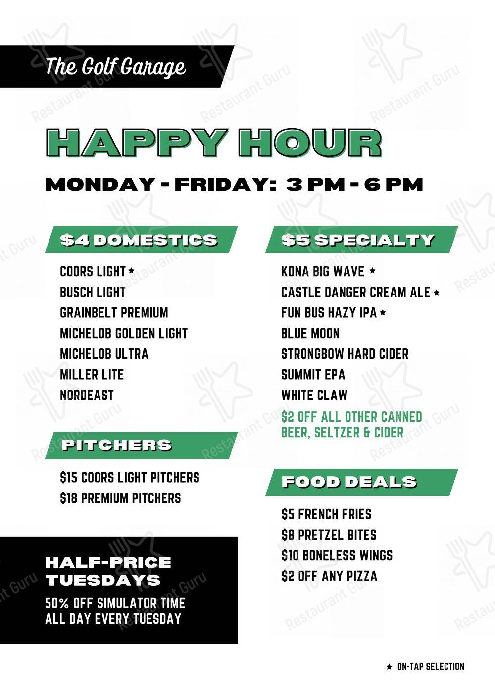 Menu at The Golf Garage pizzeria, Shakopee