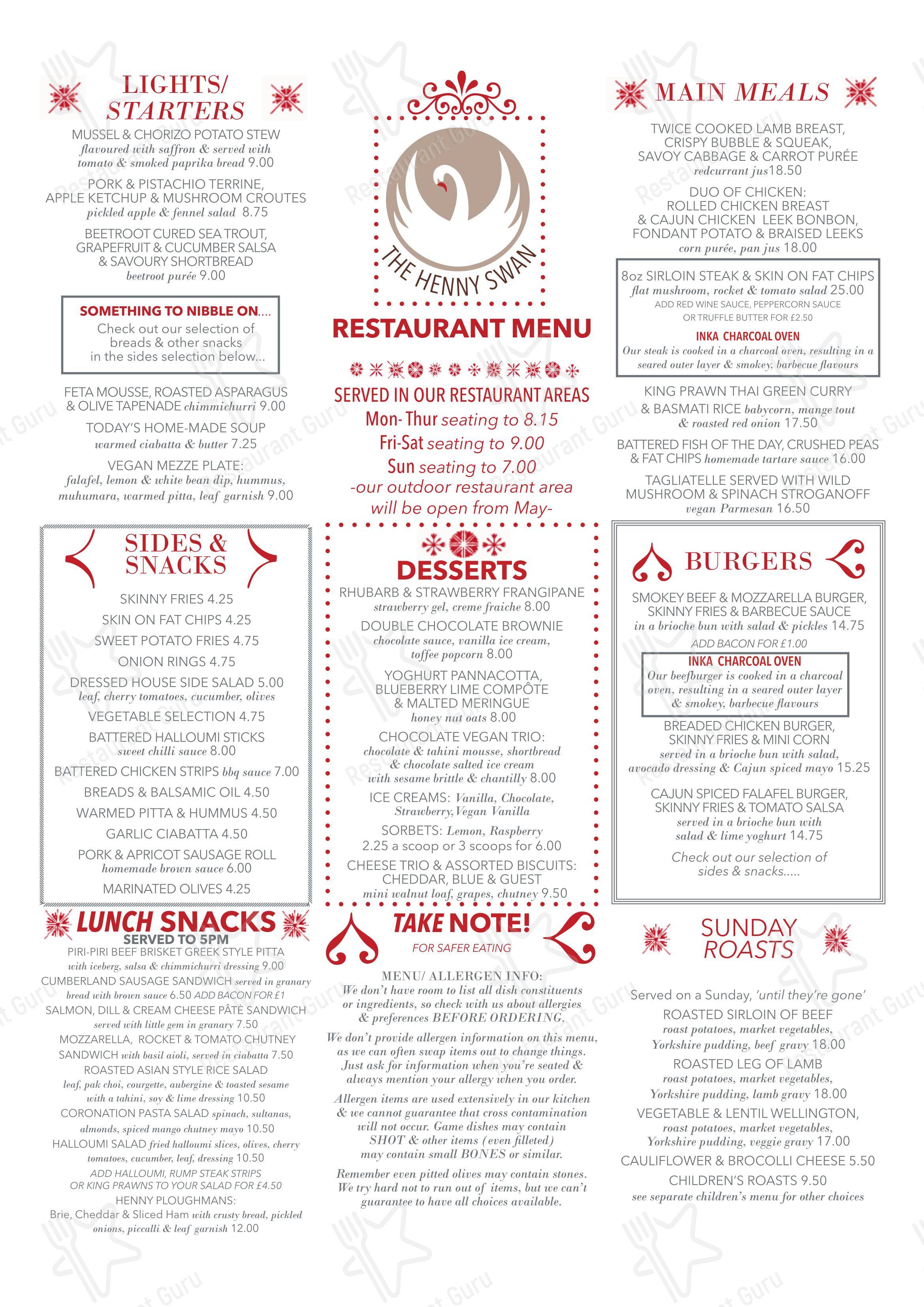 Menu at The Henny Swan restaurant, Sudbury, Henny Rd