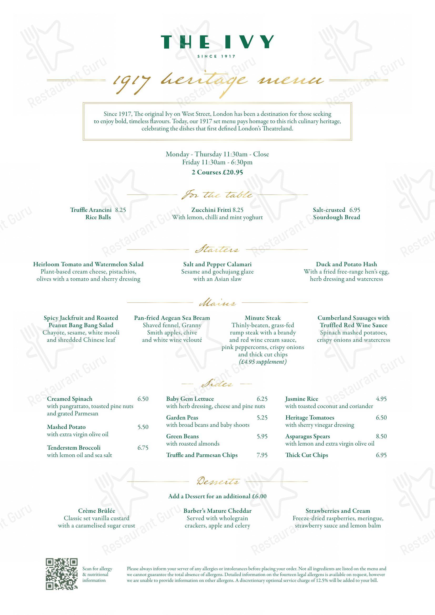 Menu at The Ivy Cobham Garden restaurant, Cobham