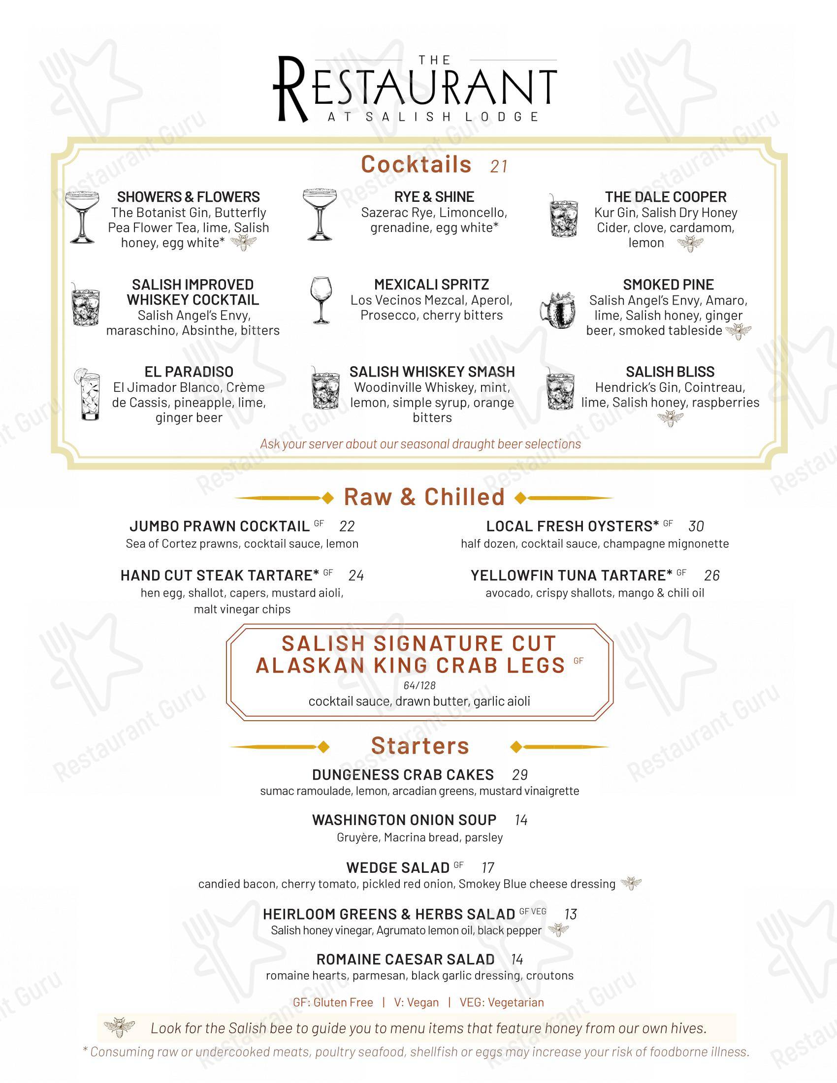 Menu at The Restaurant & Terrace Bar at Salish Lodge, Snoqualmie