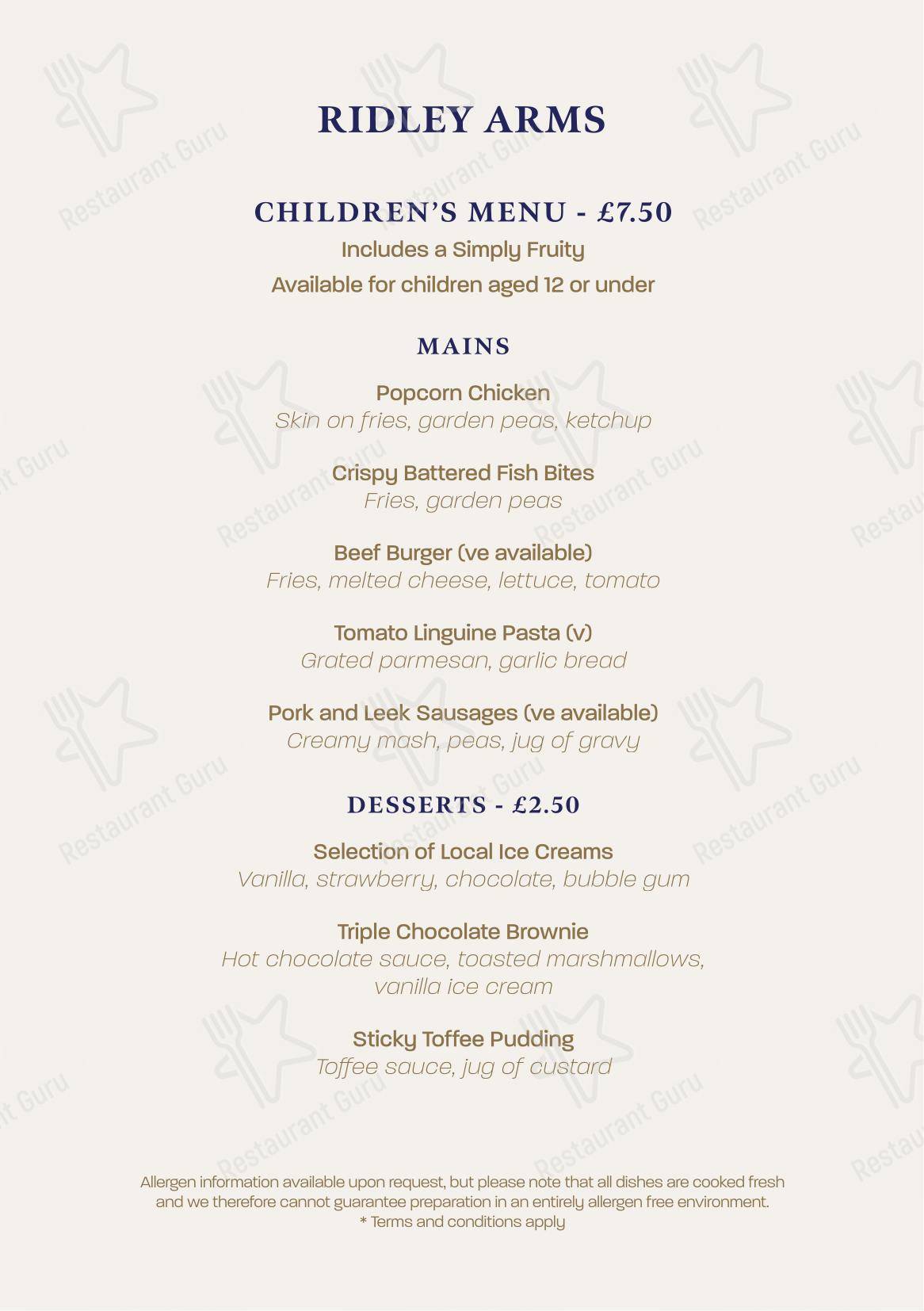 Menu at The Ridley Arms restaurant, Stannington