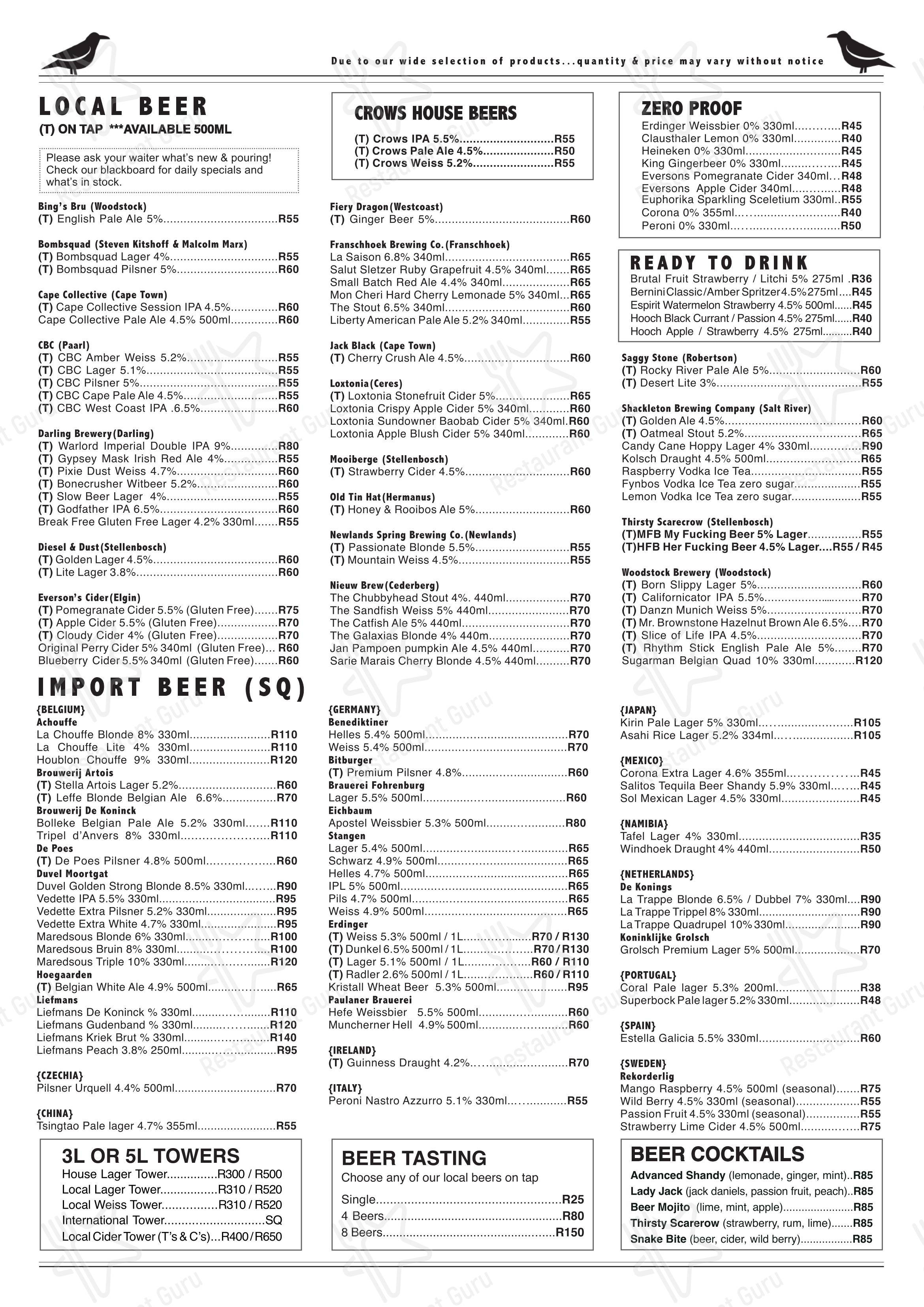 Menu at Thirsty Scarecrow restaurant, Stellenbosch