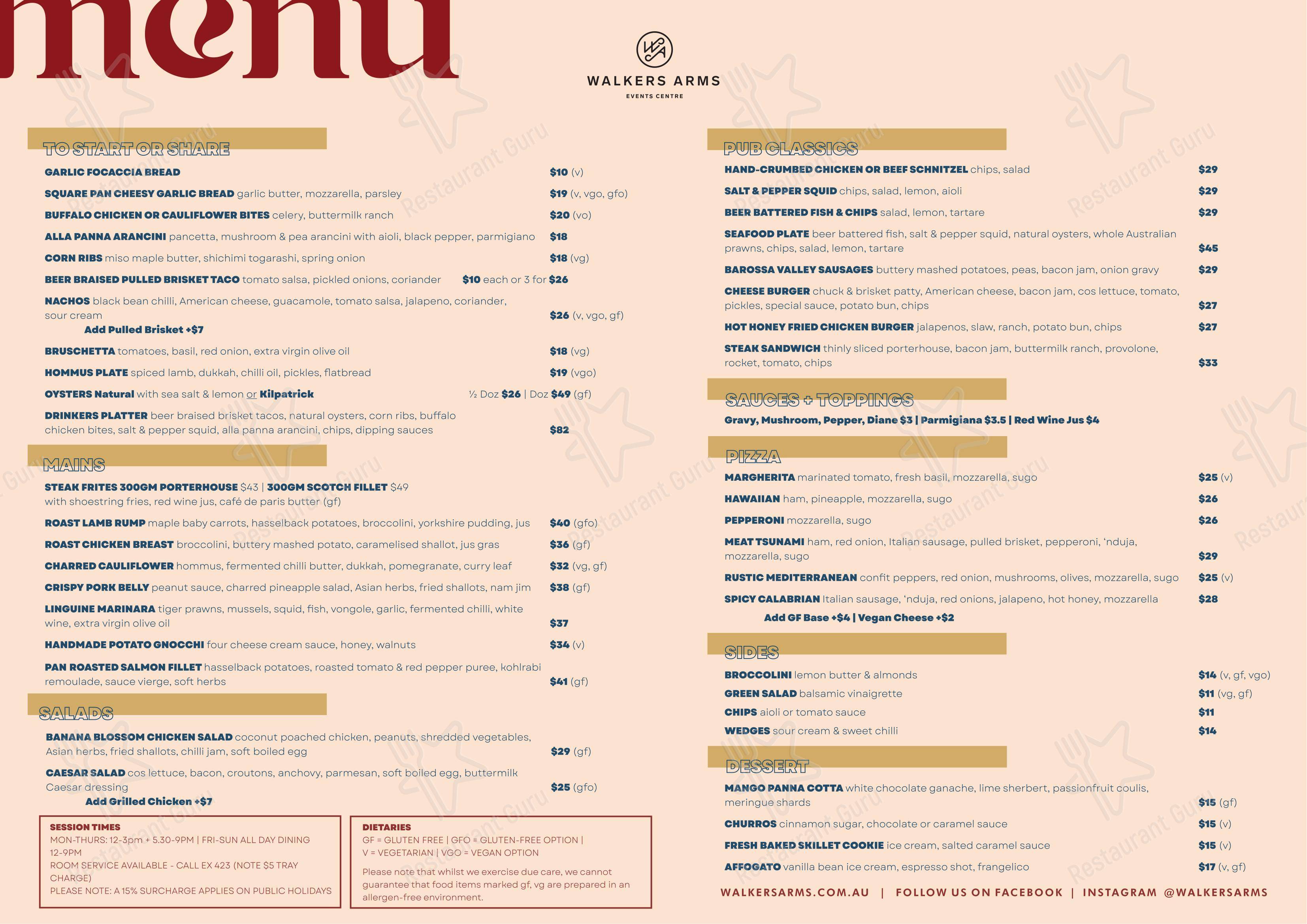 Menu at Walkers Arms Hotel pub & bar, Walkerville