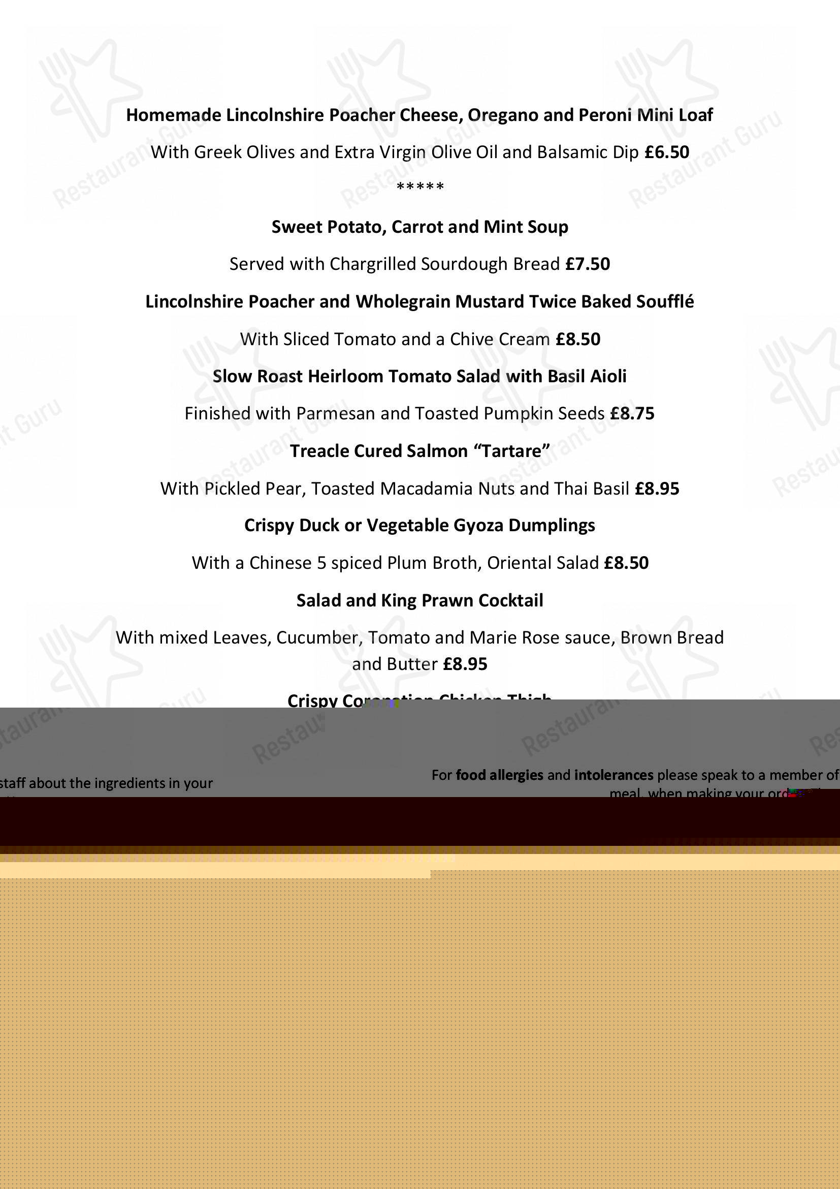 Menu at The Mansion House restaurant, Louth