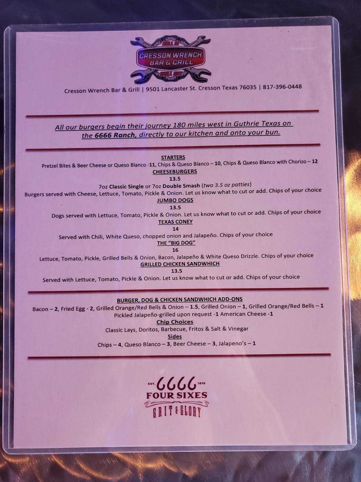 Menu at the Cresson Wrench pub & bar, Cresson