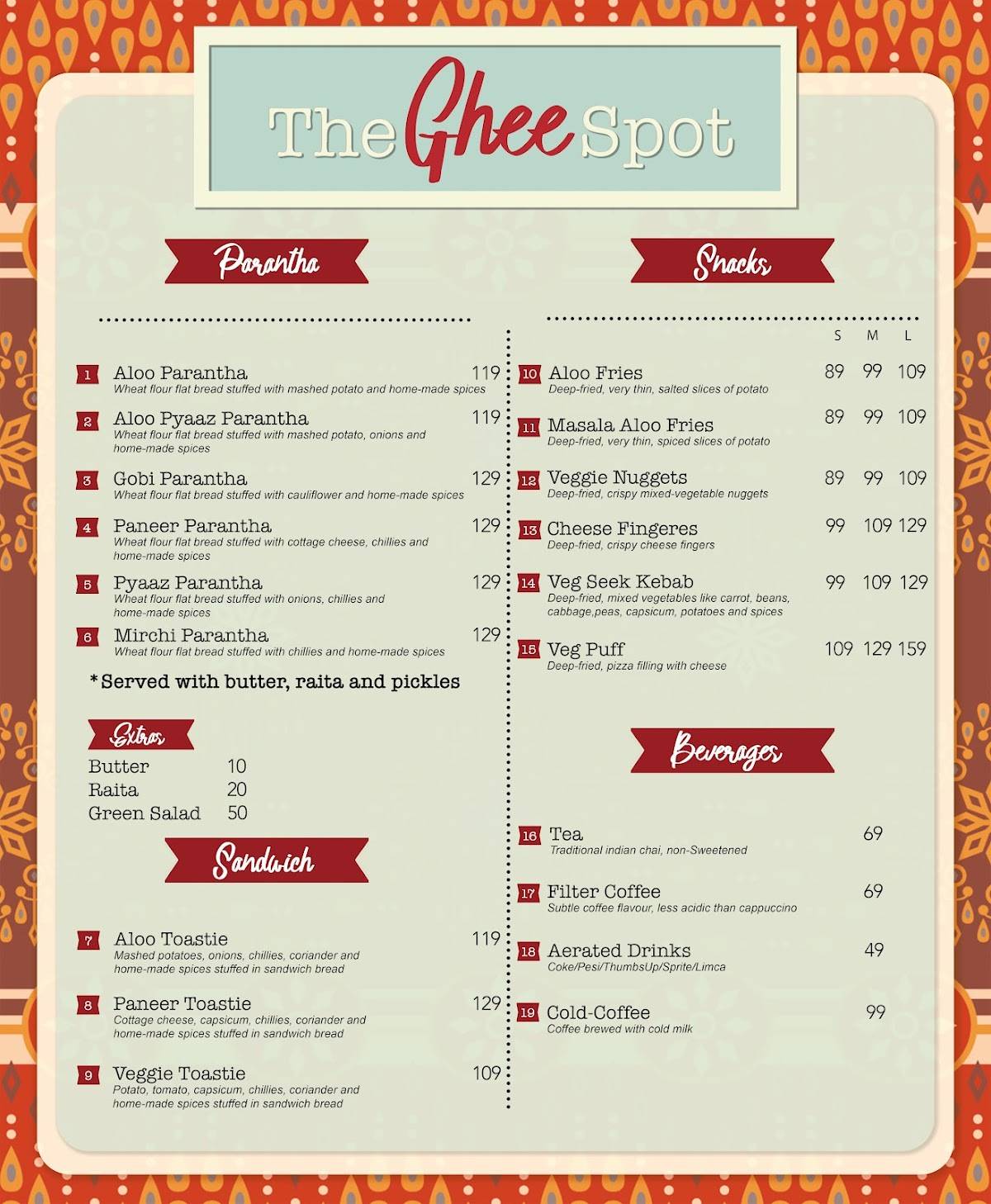 Menu at the ghee spot, Delhi