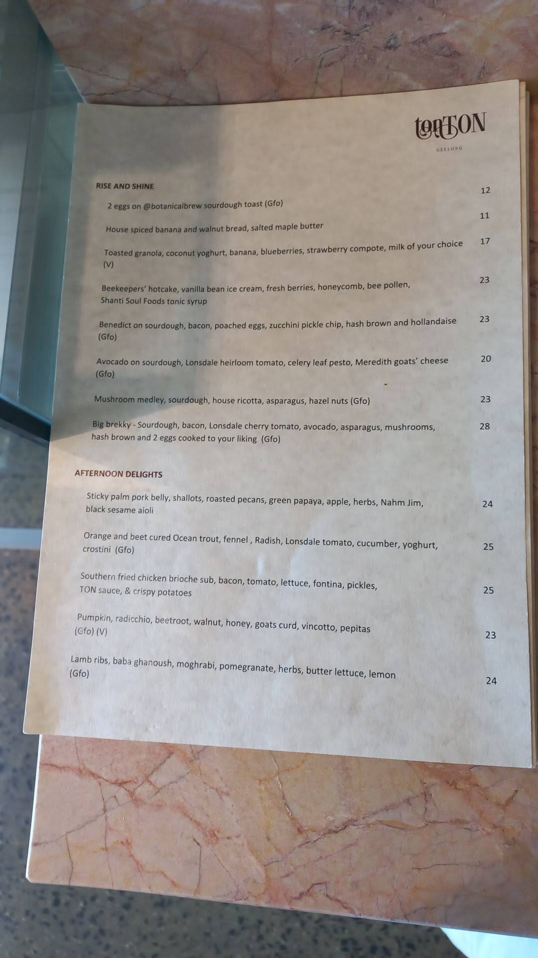 Menu at tonton Geelong restaurant, Highton