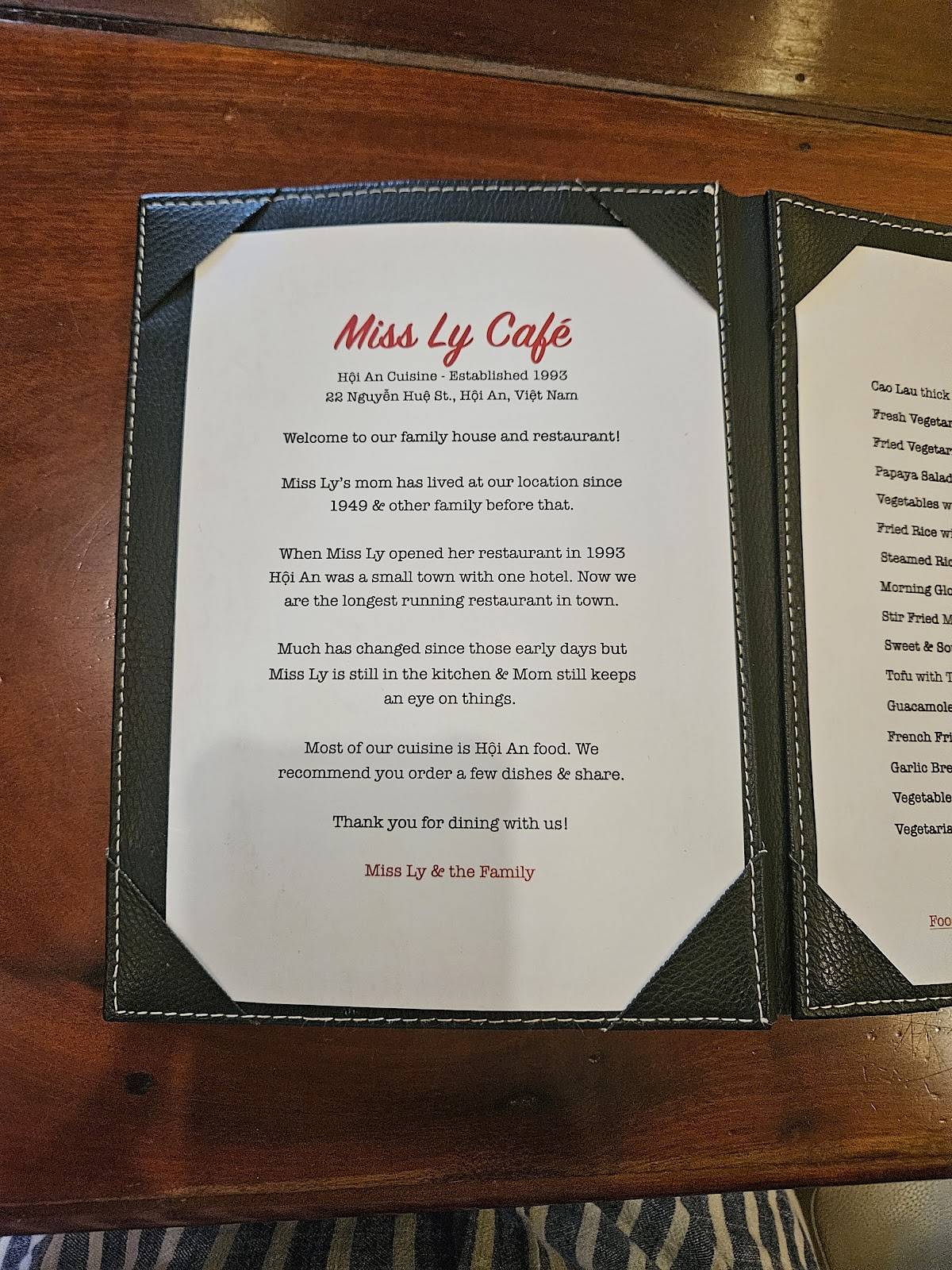 Menu at Miss Ly restaurant, Hoi An