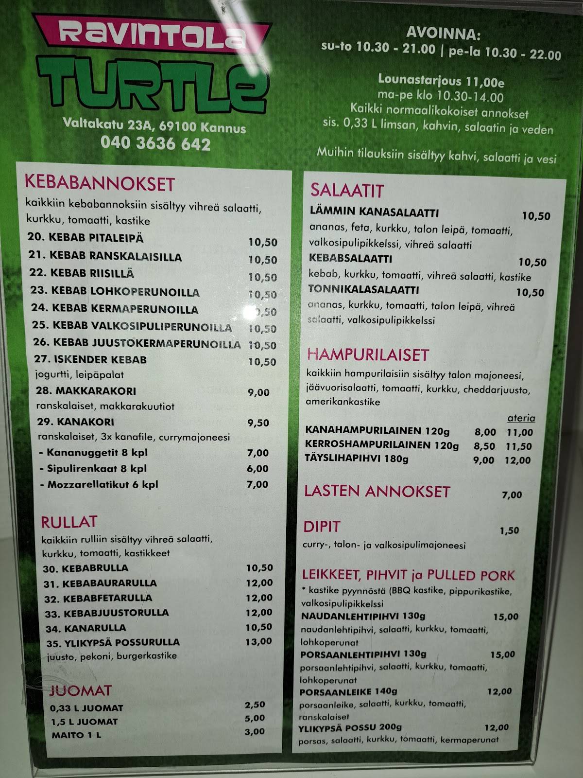 Menu at turtle pizza kebab ja grilli restaurant, Kannus