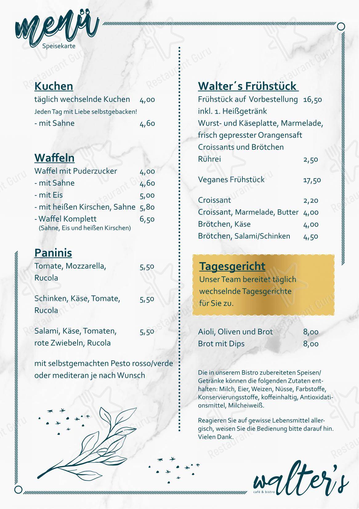 Speisekarte von walter‘s cafe & bistro, Schwelm