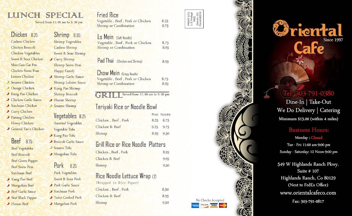 Menu at oriental cafe, Highlands Ranch, 549 W Highlands Ranch Pkwy