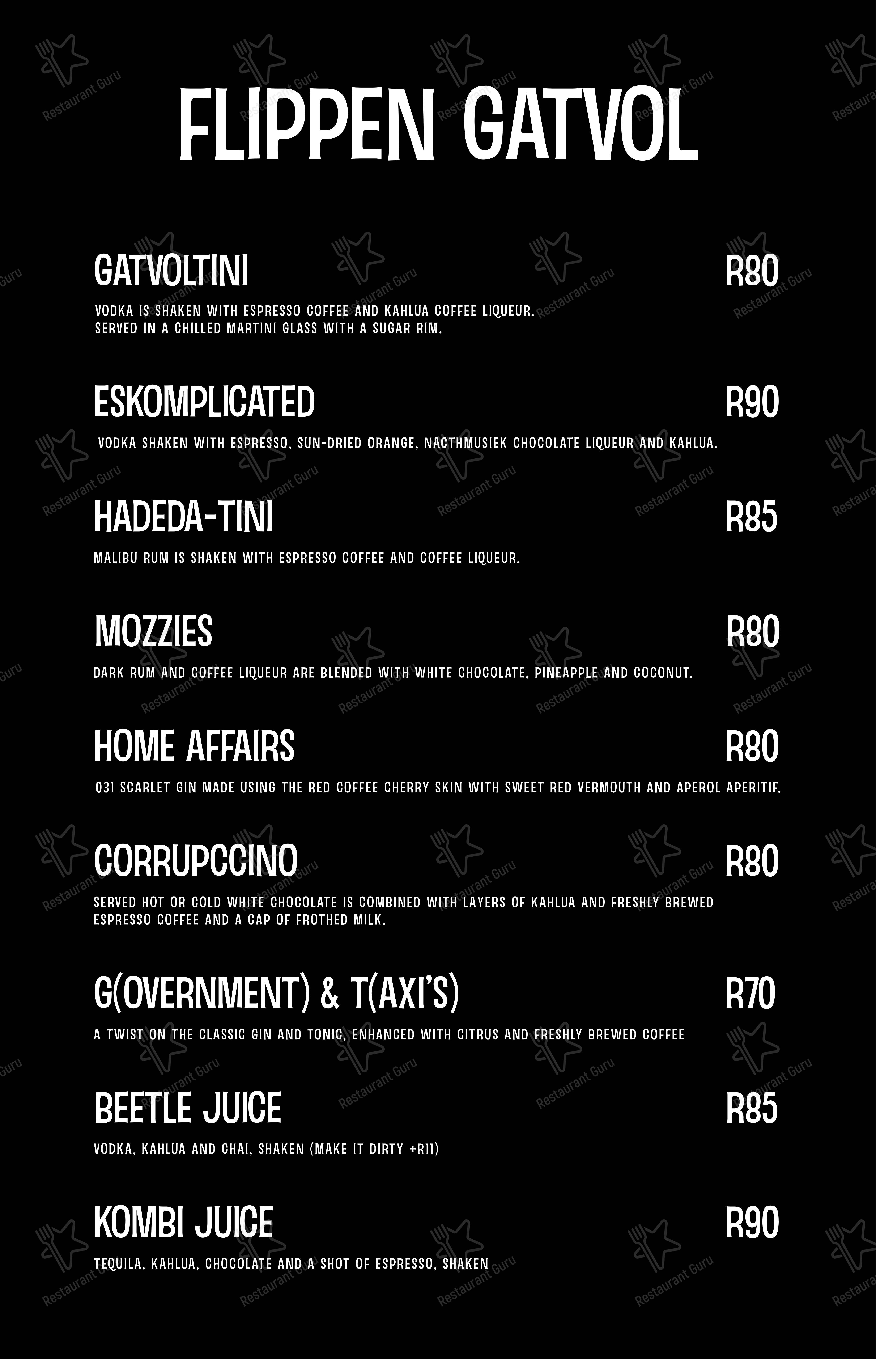 Menu at Gatvol coffee coffee house, La Lucia