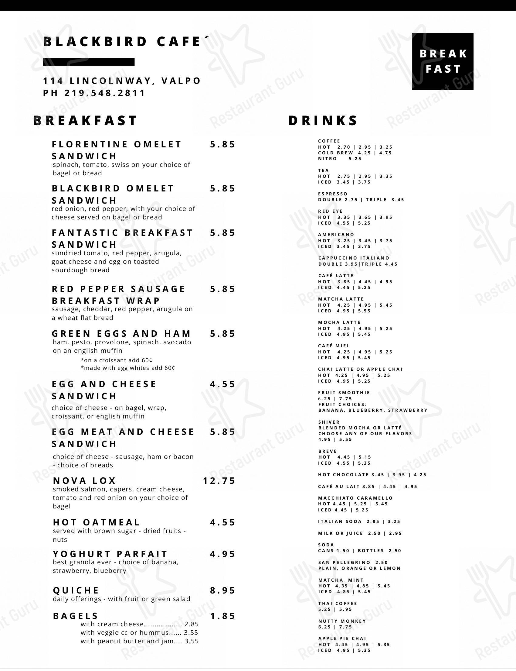 Menu at Blackbird Cafe, Valparaiso