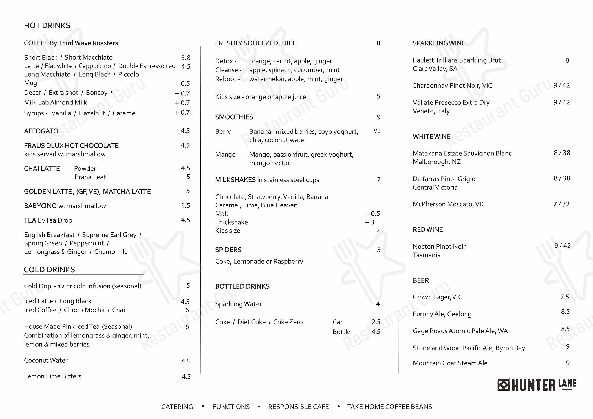Menu at Hunter Lane Cafe, Rosanna
