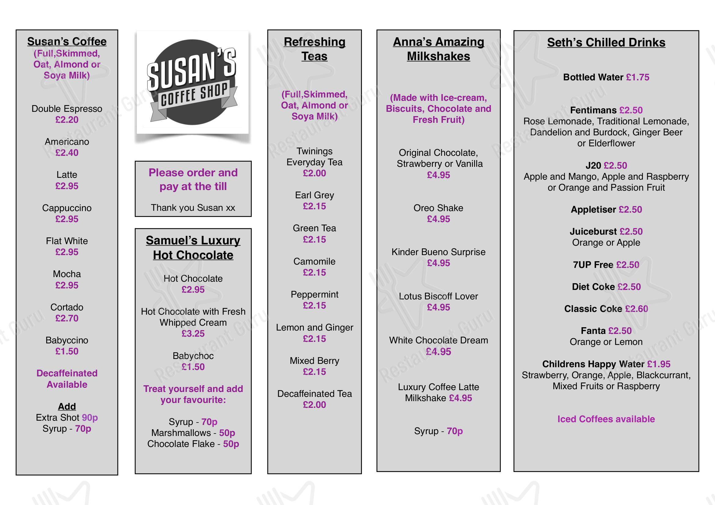 Menu at Susan's Coffee Shop cafe, Buckley