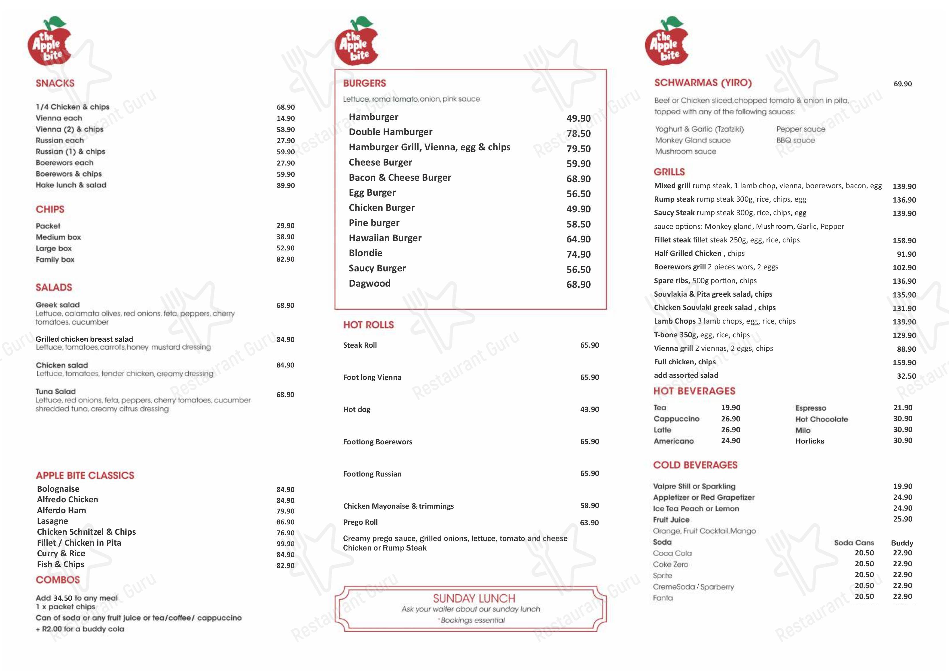 Menu at The Apple Bite restaurant, Edenvale