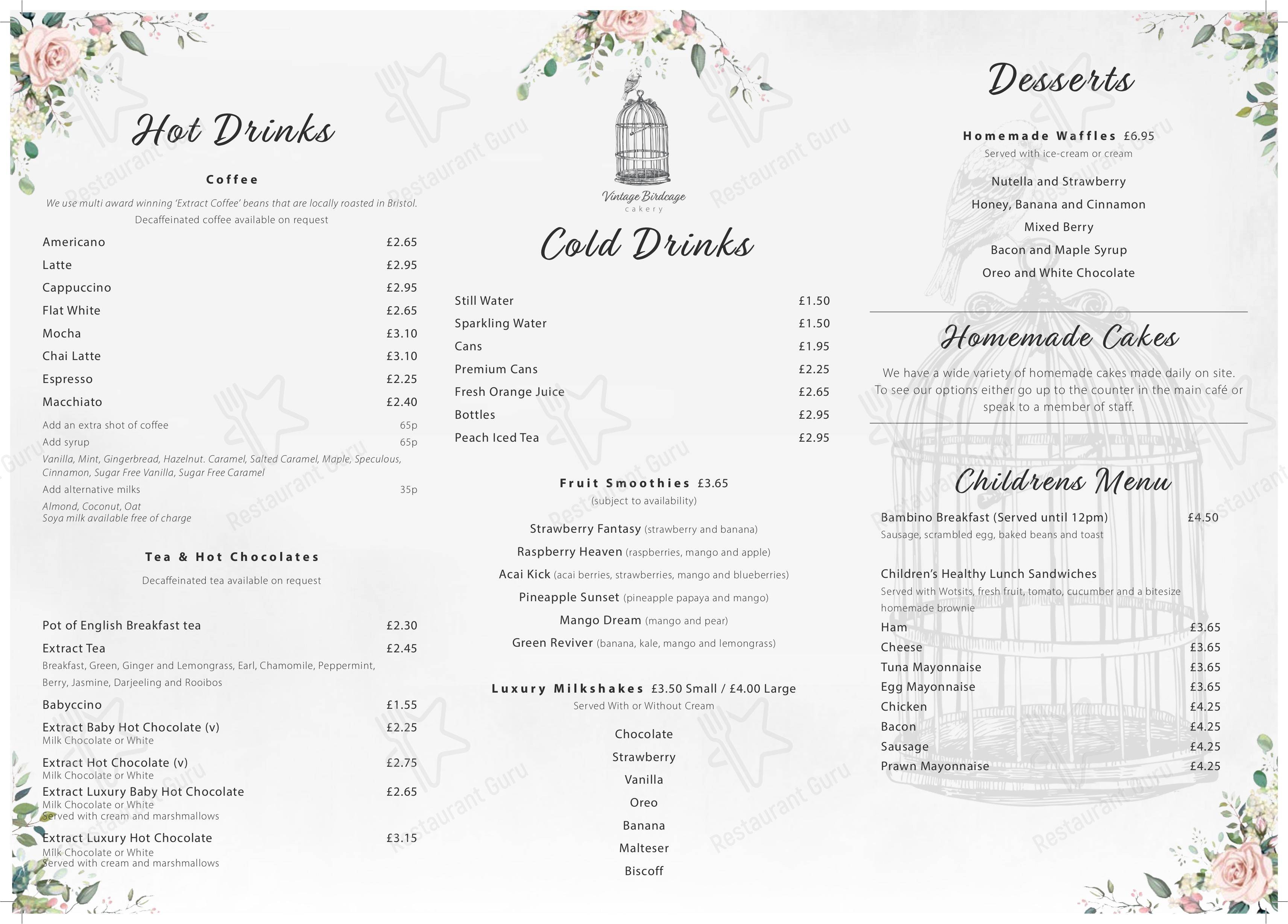 Menu at Vintage Birdcage Cakery cafe, Bristol