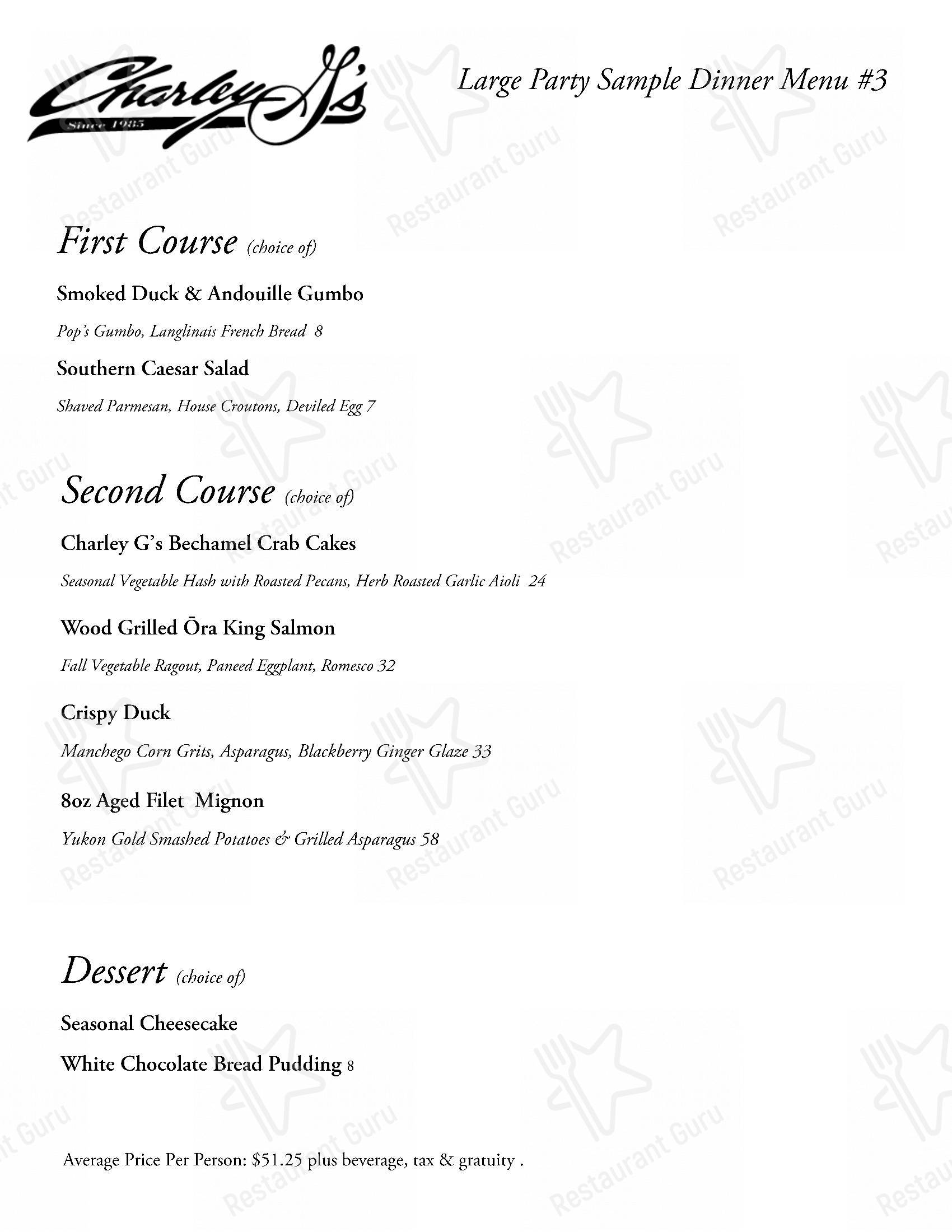 Menu at Charley G's pub & bar, Lafayette
