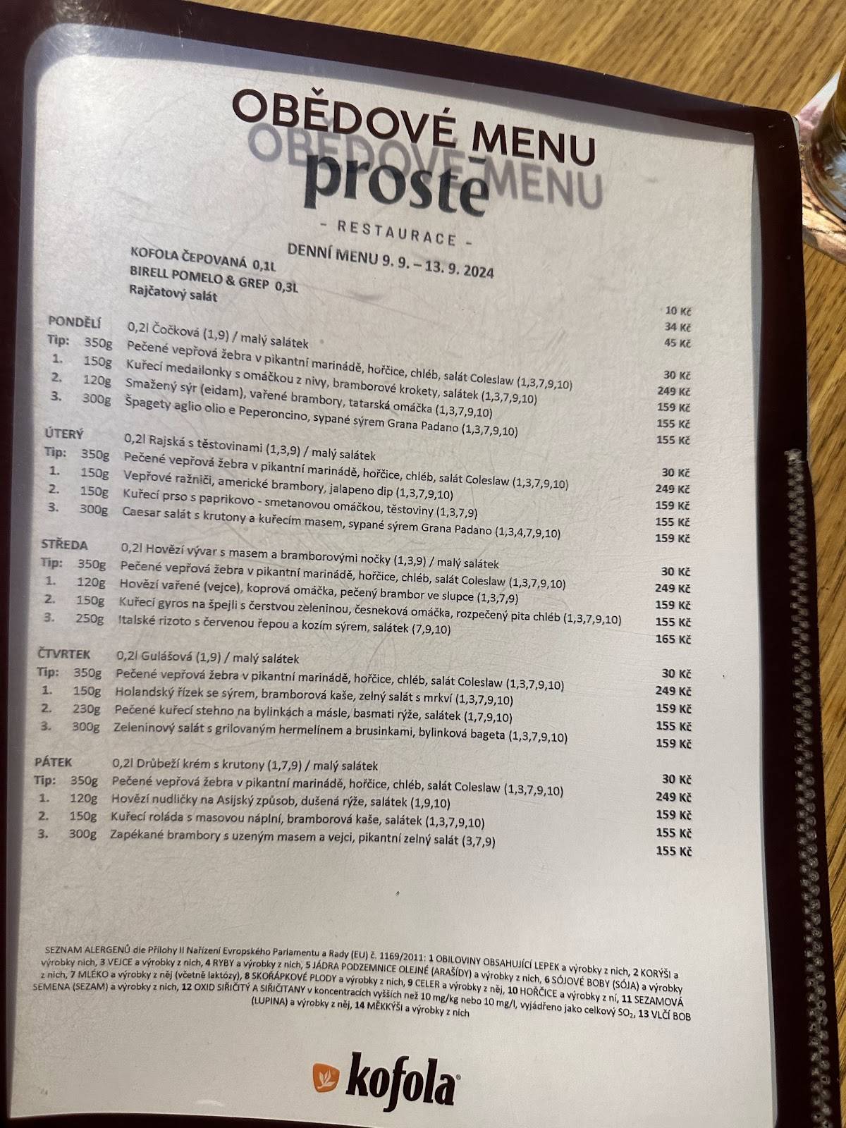 Menu at prostē Restaurace restaurant, Zlin