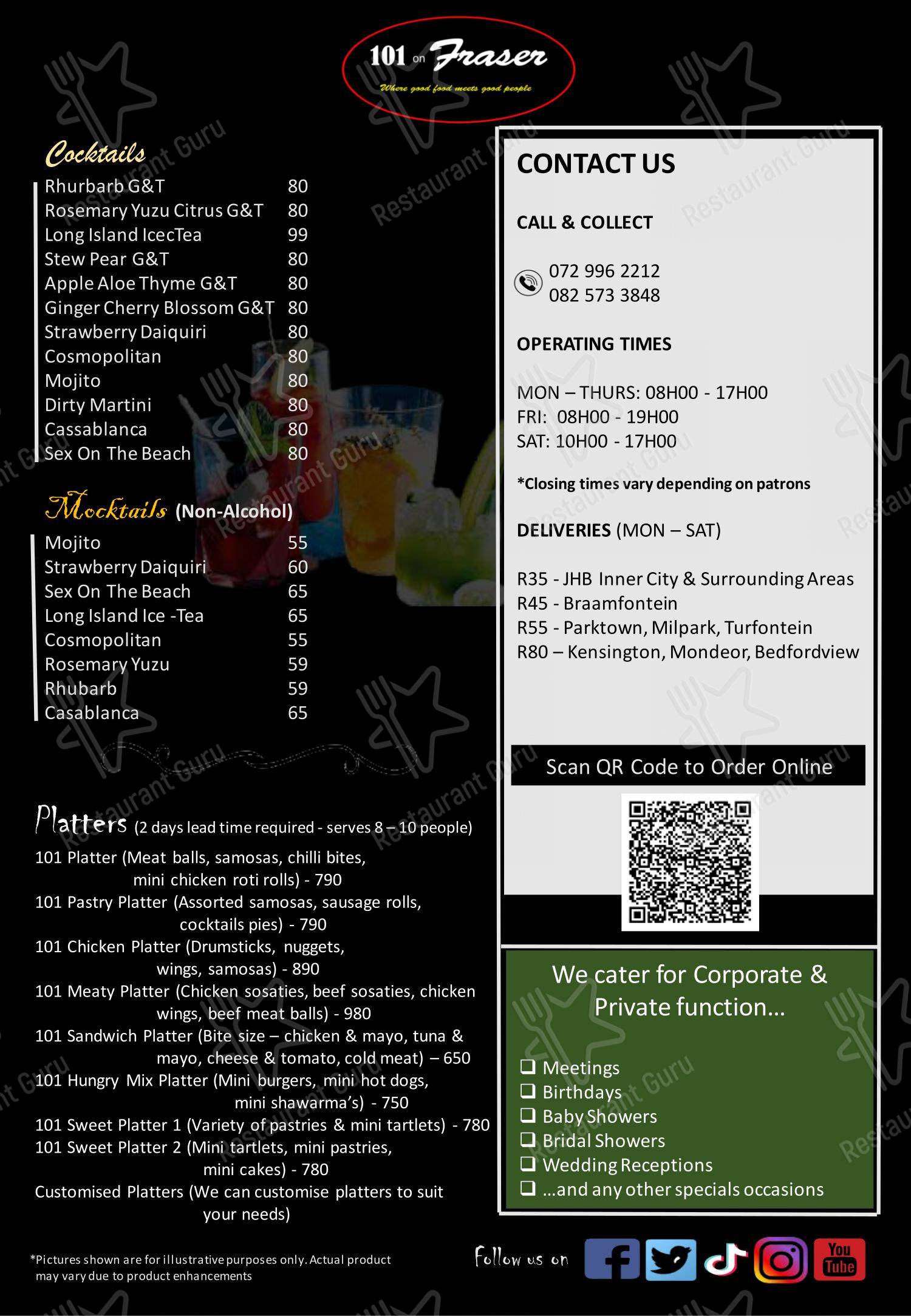 Menu at 101 on fraser cafe, Johannesburg