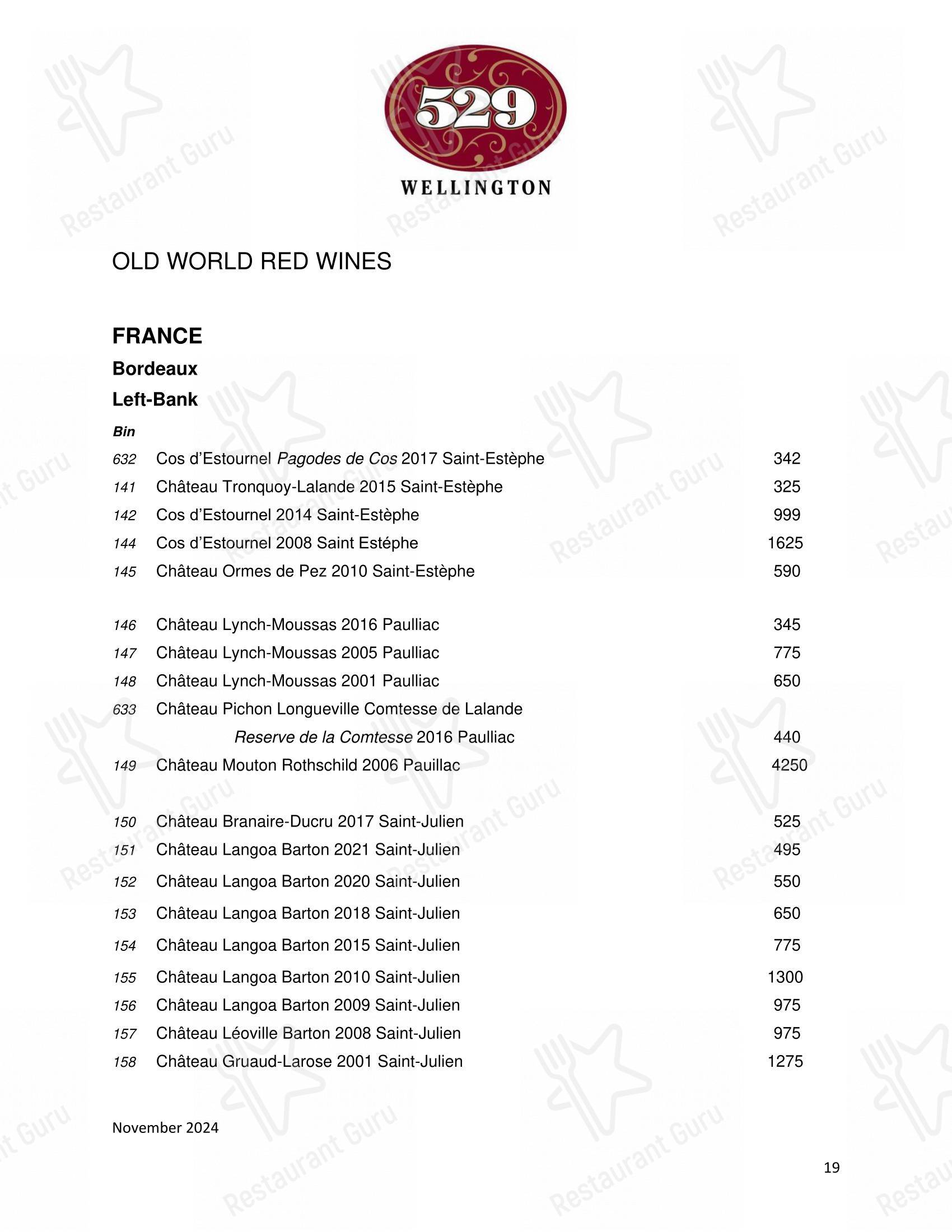 Menu at 529 Wellington Steakhouse, Winnipeg