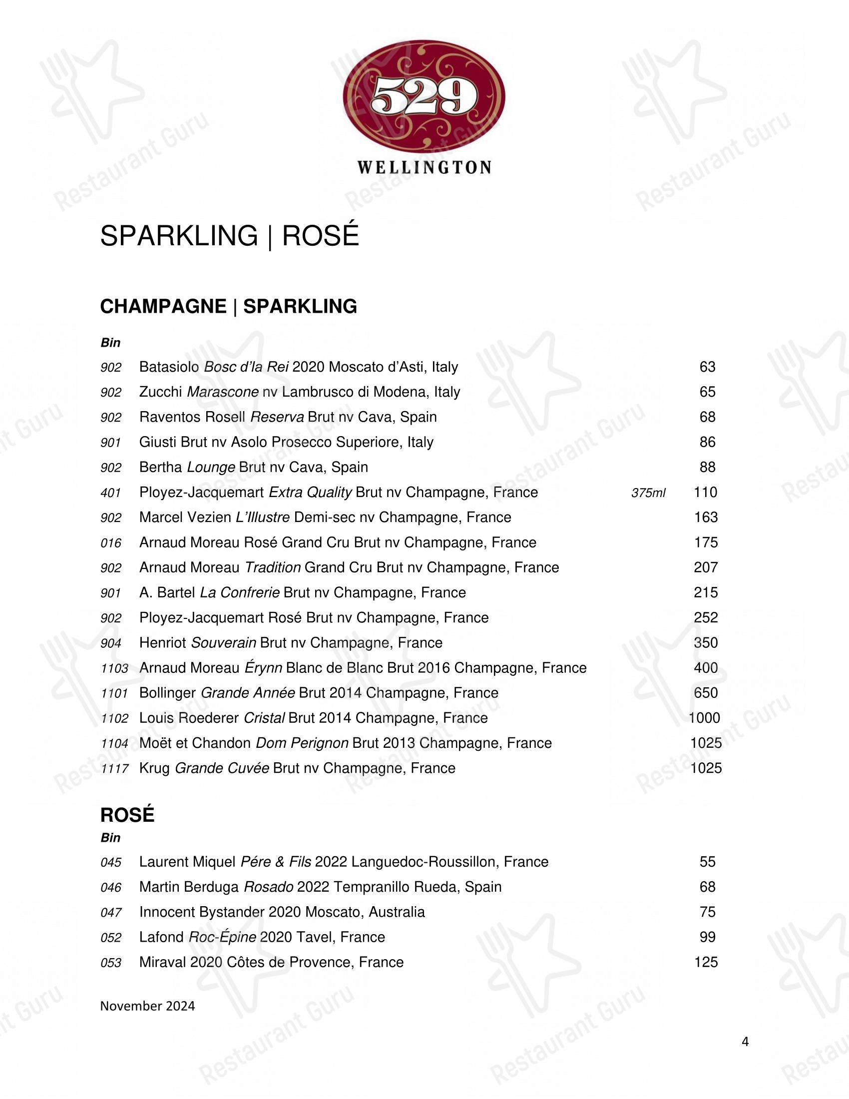 Menu at 529 Wellington Steakhouse, Winnipeg