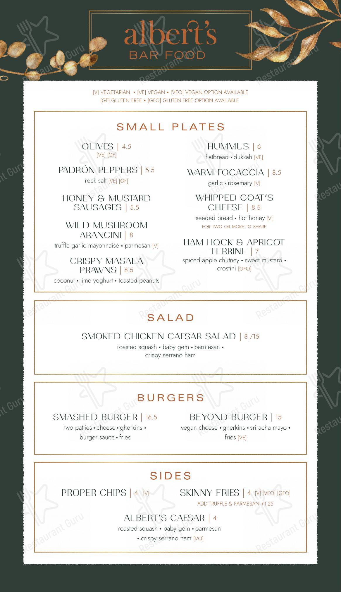 Menu at Albert’s Didsbury Restaurant & Bar, Manchester