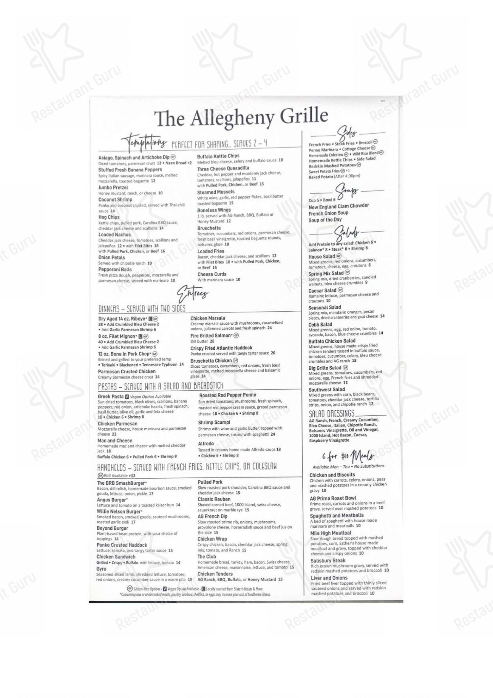 Menu at Allegheny Grille pub & bar, Foxburg