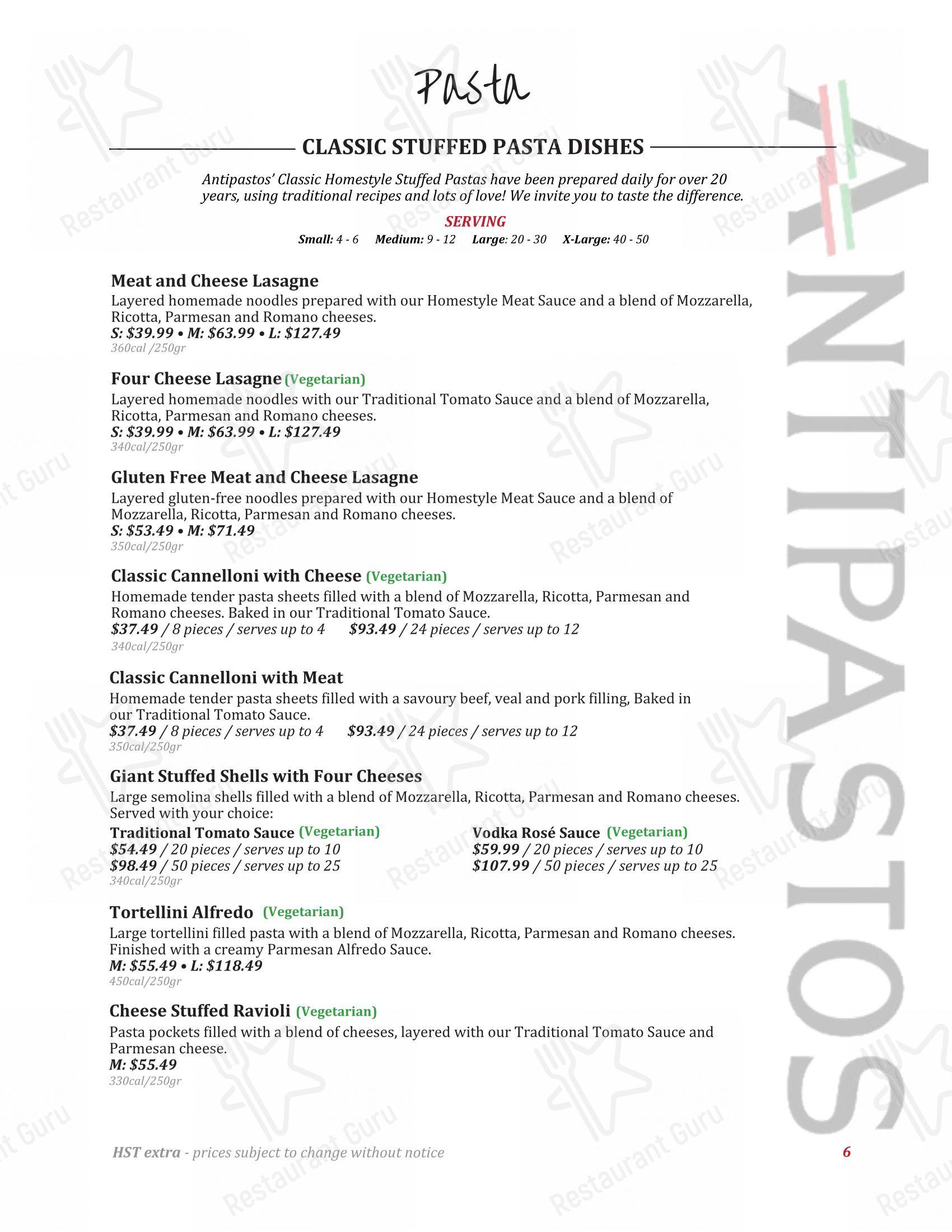 Menu at Antipastos restaurant, St. Catharines