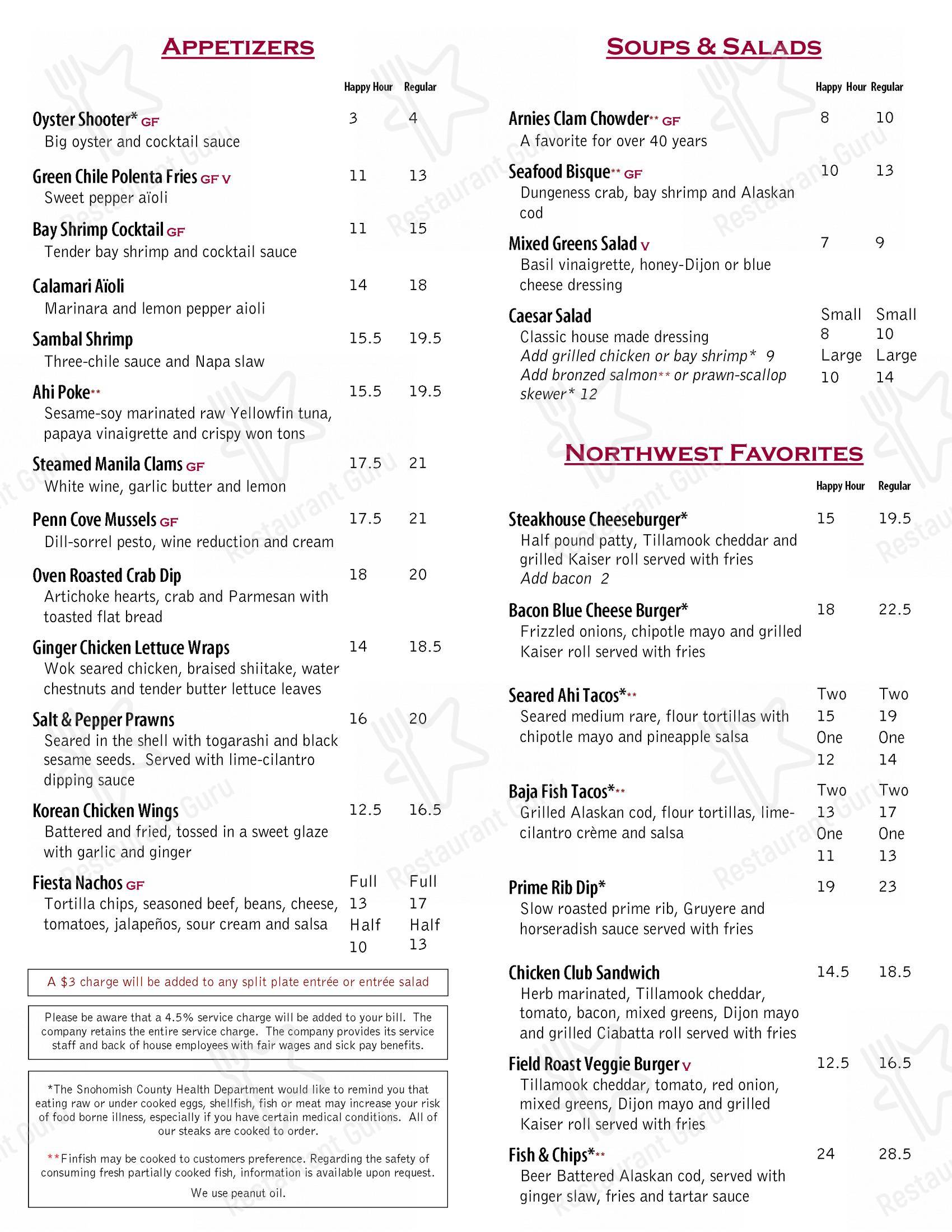 Menu at Arnies Restaurant Edmonds, Edmonds