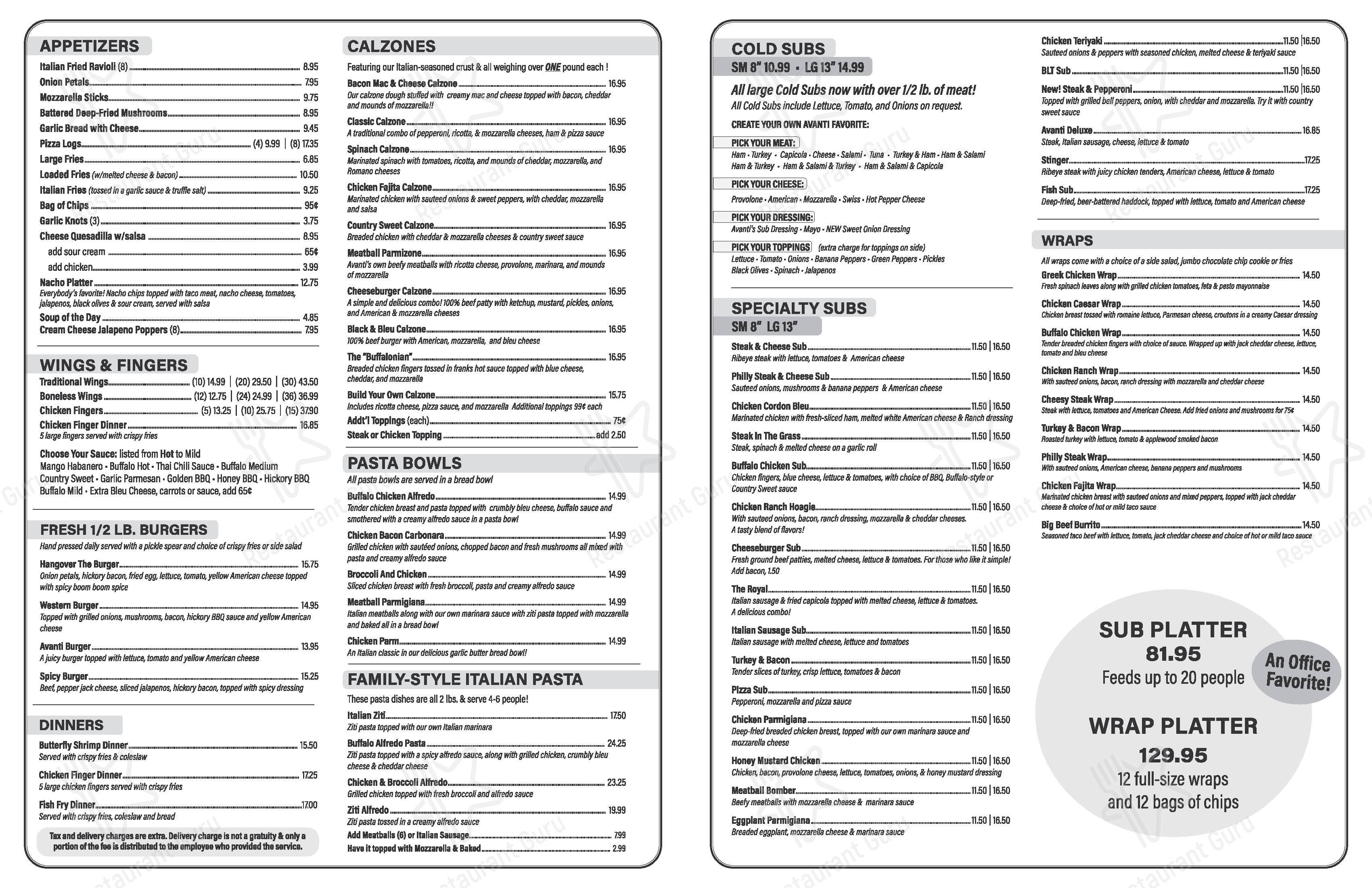 Menu at Avanti Pizza & Wood-Fired Kitchen pizzeria, Medina