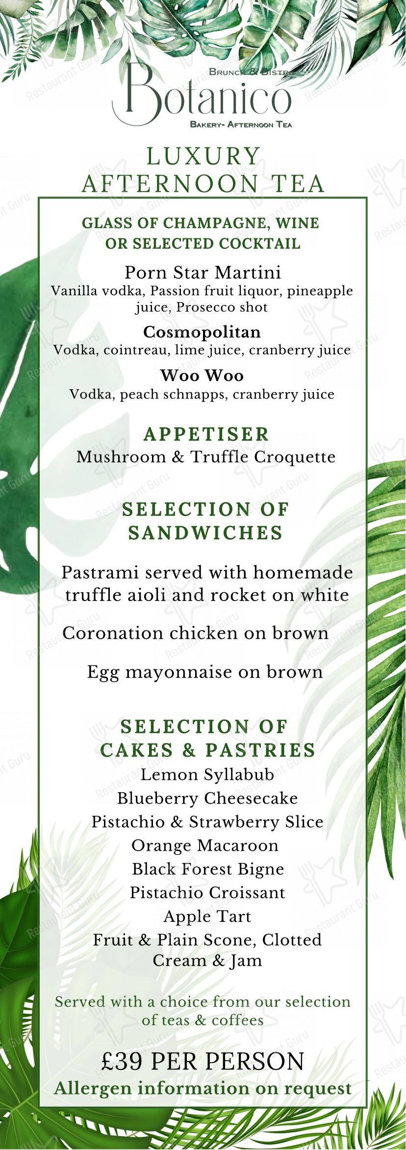 Menu at Botanico Woolton restaurant, Liverpool
