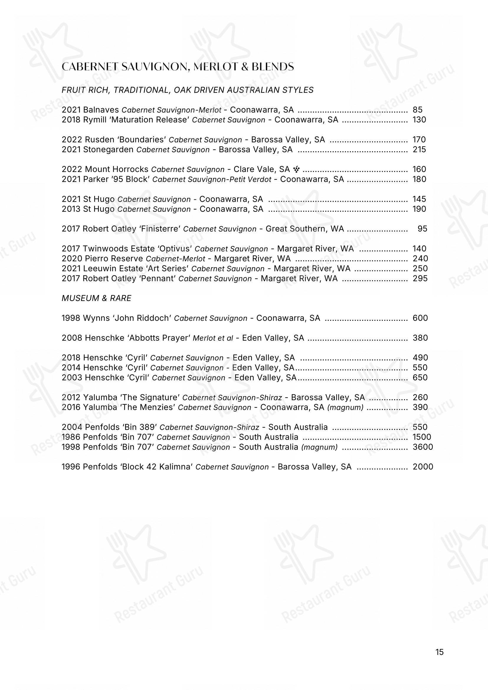 Menu at Cafe Sydney, Sydney, Level 5 Customs House