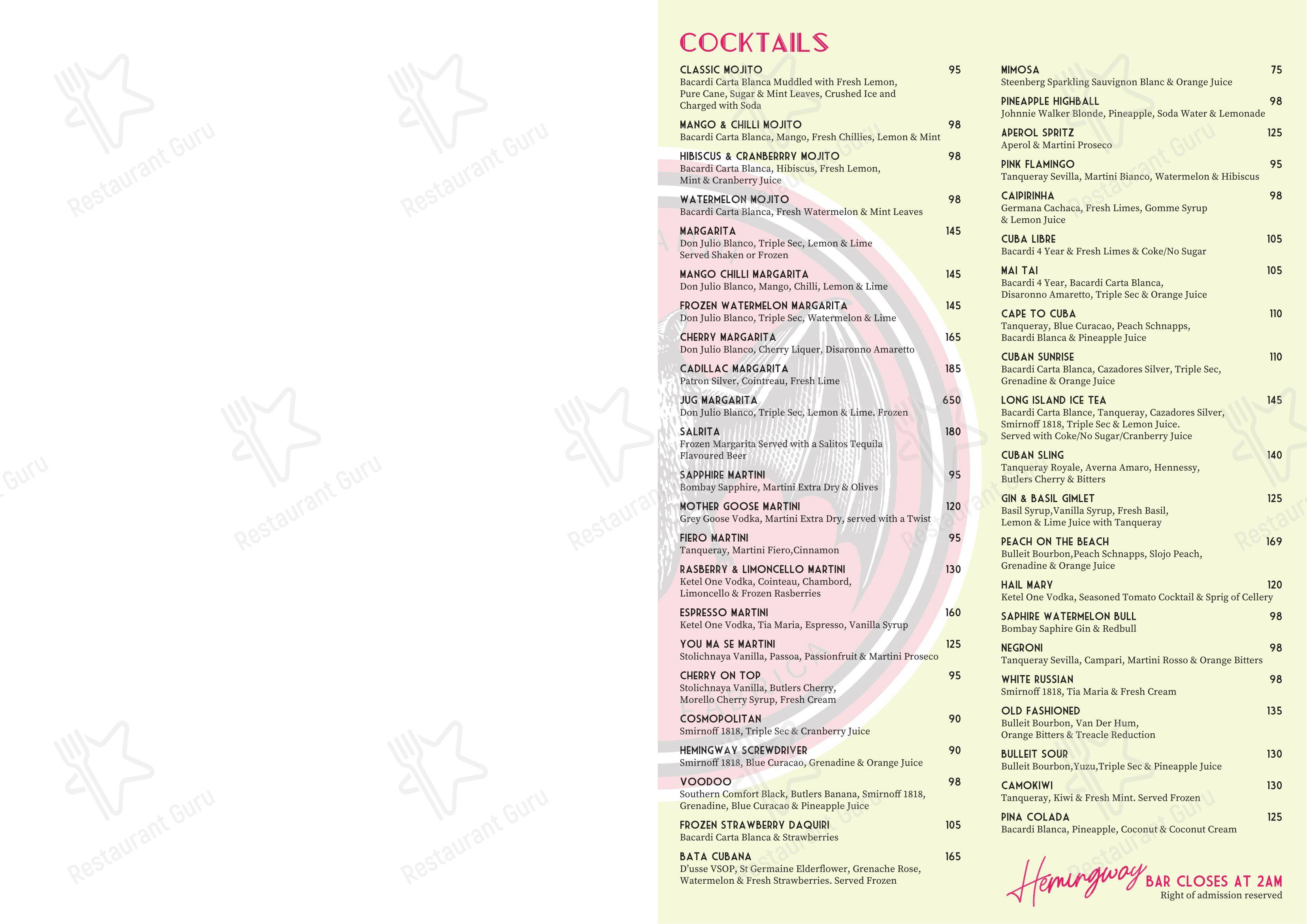 Menu at Cape to Cuba restaurant, Cape Town, 165 Main Rd