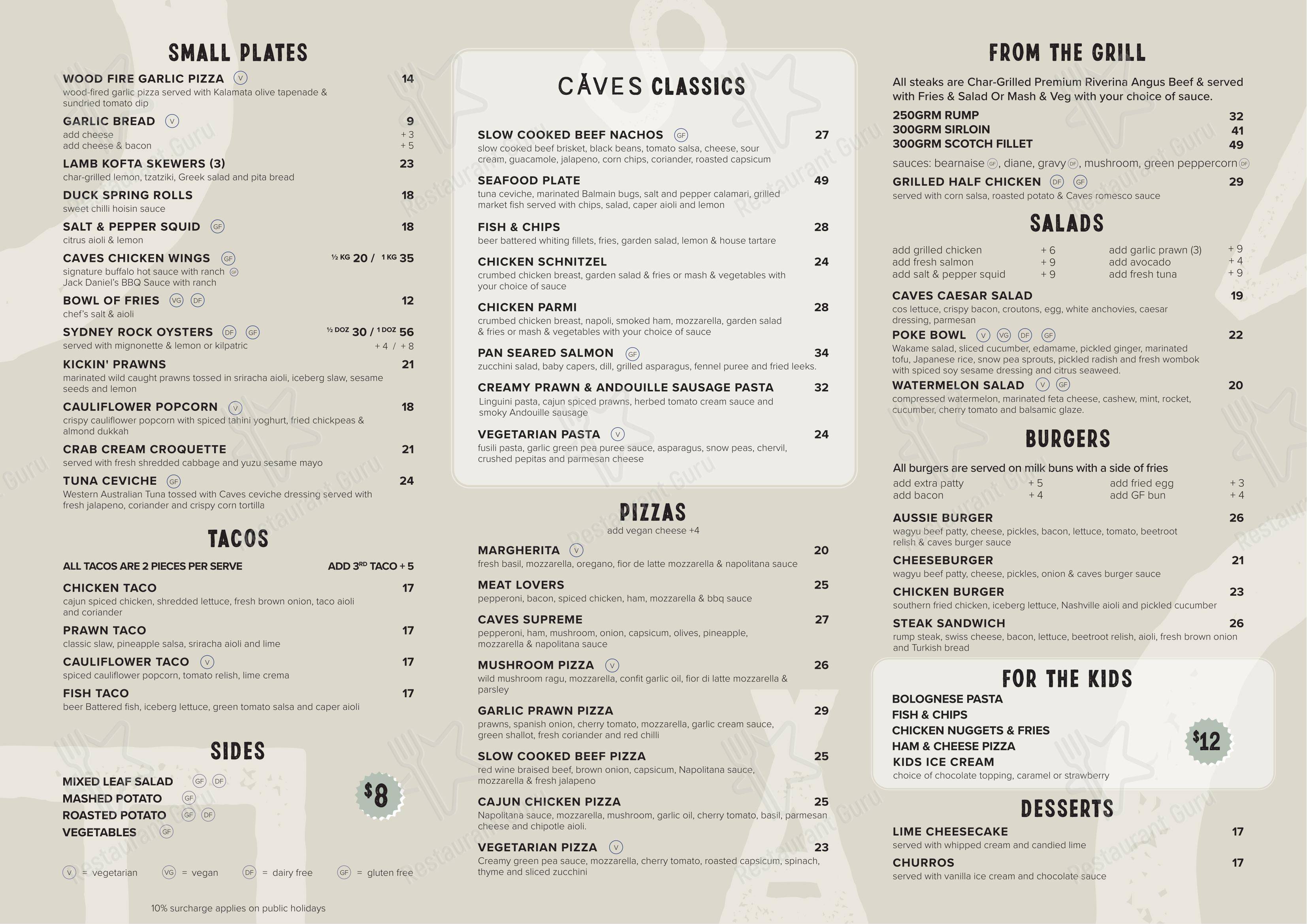 Menu at Caves Beachside pub & bar, Caves Beach