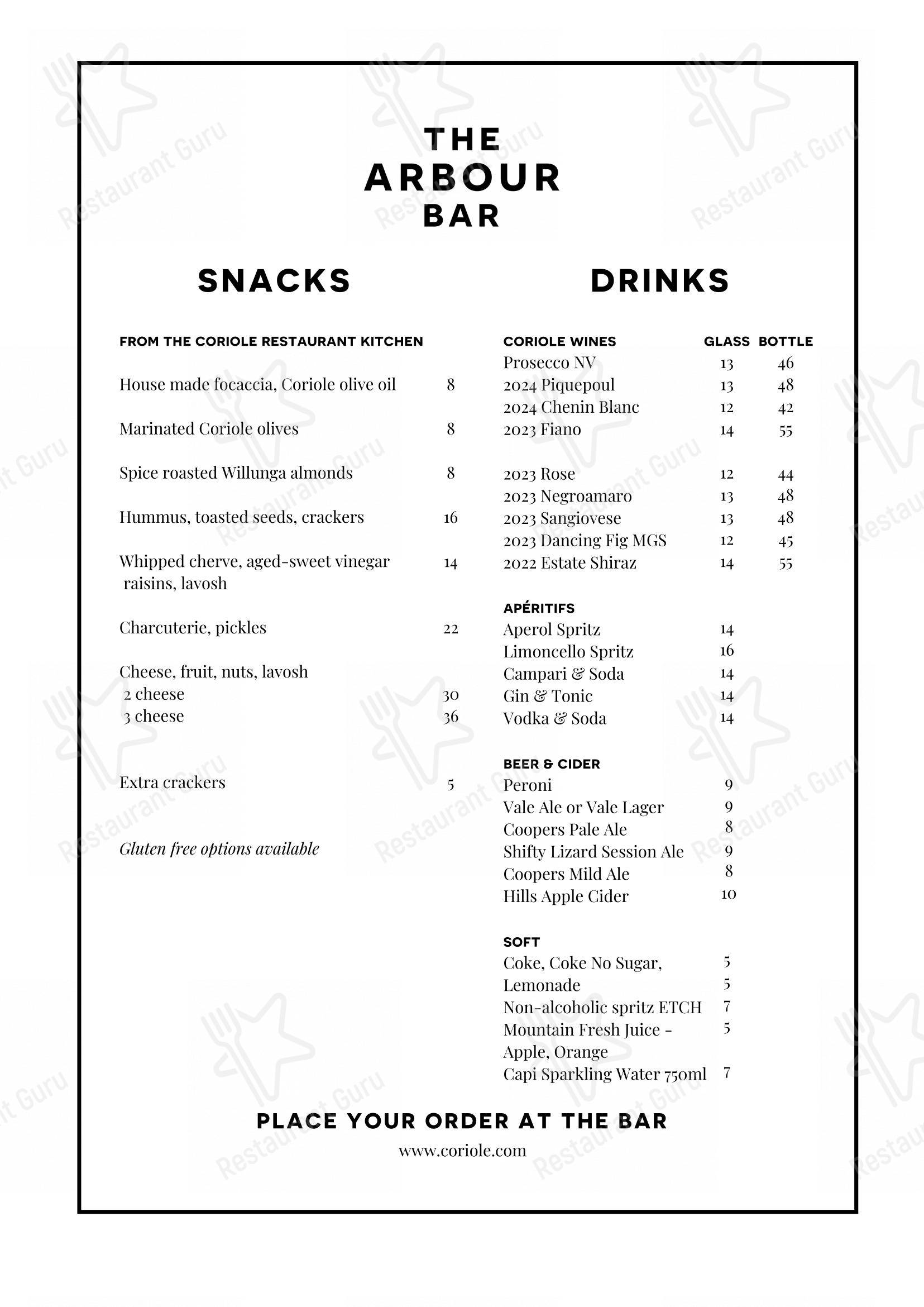 Menu at Coriole Vineyards restaurant, McLaren Vale