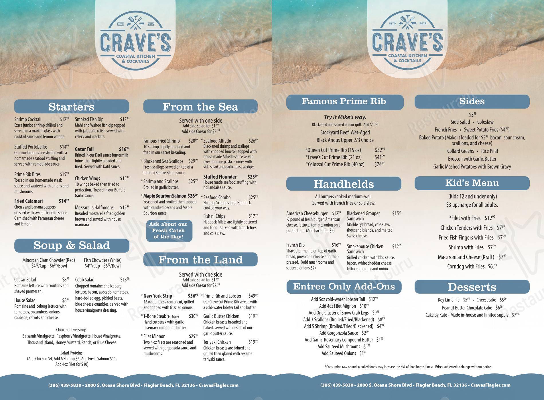 Menu at Crave's Coastal Kitchen & Cocktails pub & bar, Flagler Beach