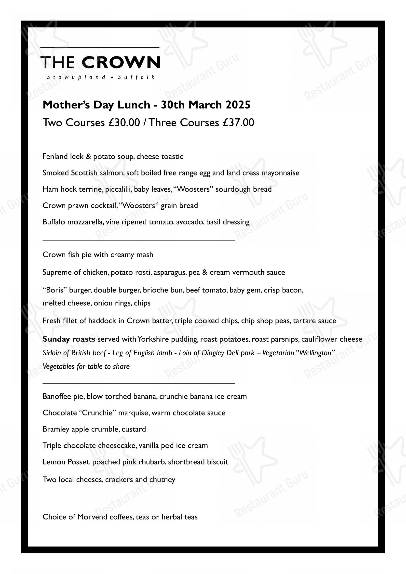 Menu at Crown at Stowupland pub & bar, Stowmarket, Church Rd